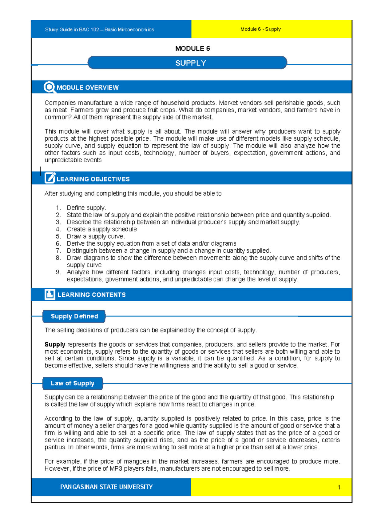 Study Guide in BAC-102-SG6: Module 6 - Understanding Supply - Studocu