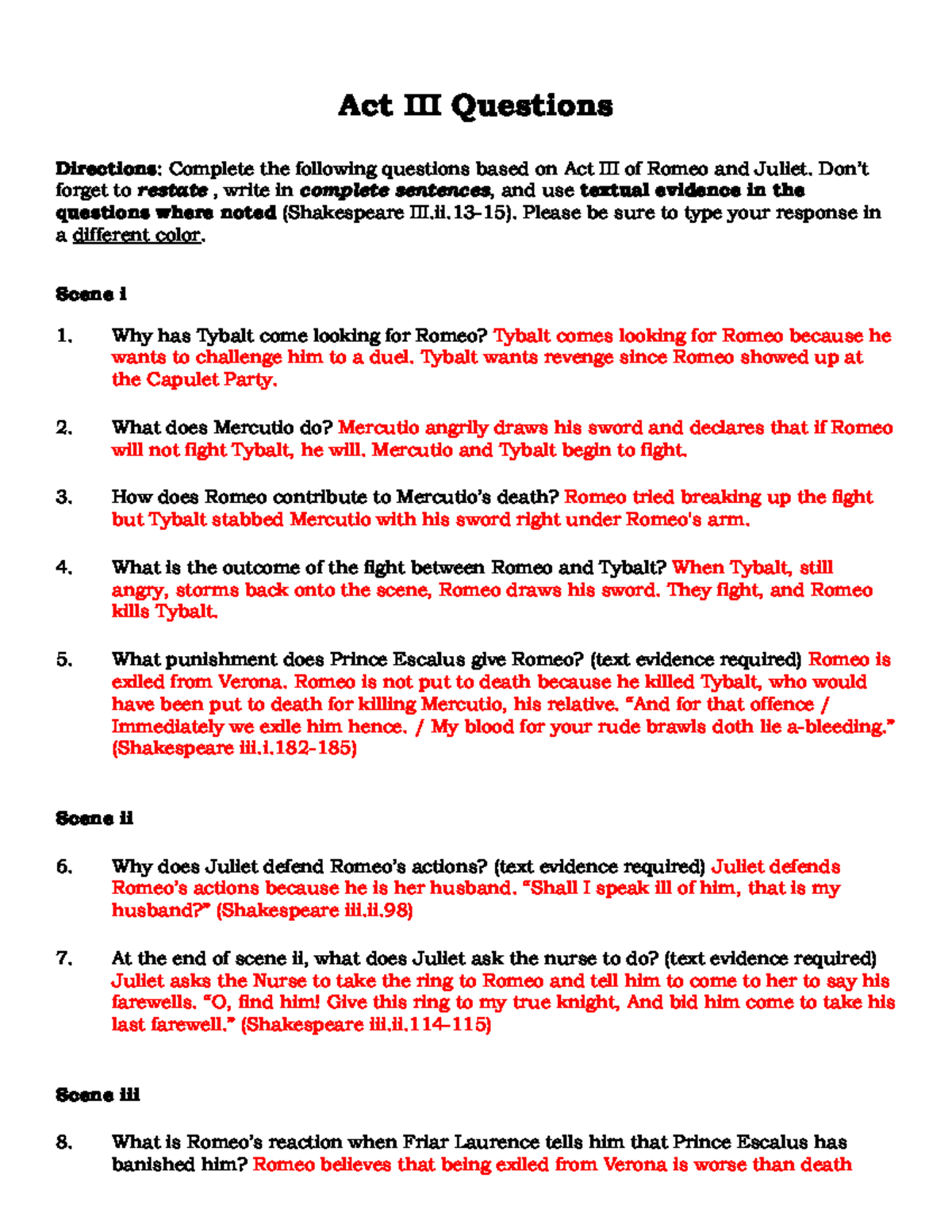 Romeo and Juliet Act III: Discussion Questions and Analysis - Studocu