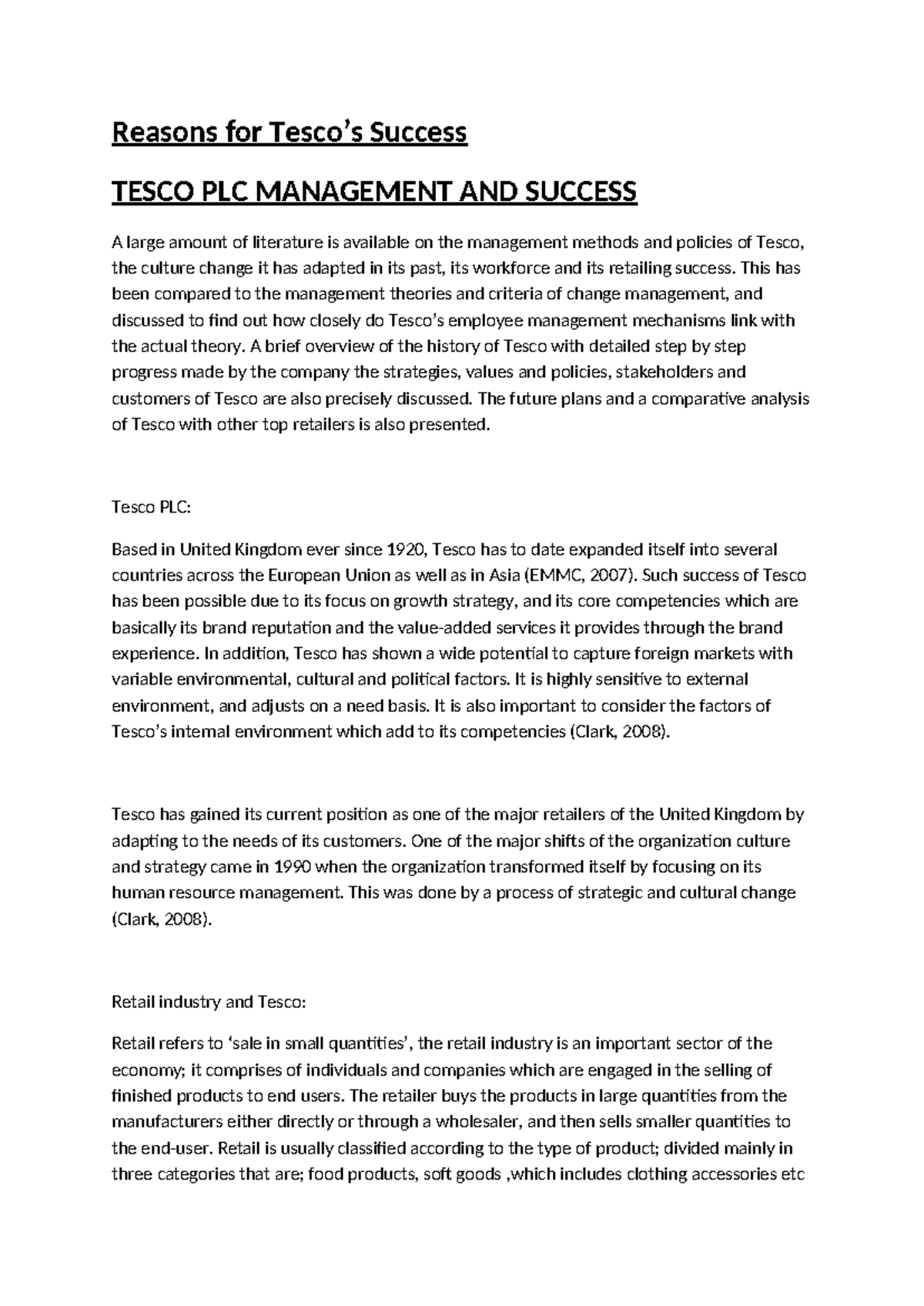 Analysis of Tesco's Success and Management Strategies (BUS 101) - Studocu
