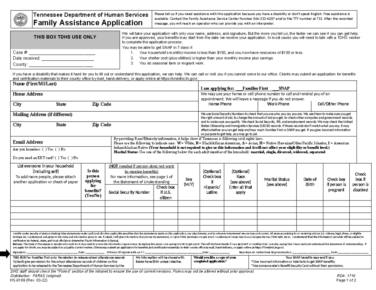 Tennessee DHS Family Assistance Application Guide (HS-0169) - Studocu