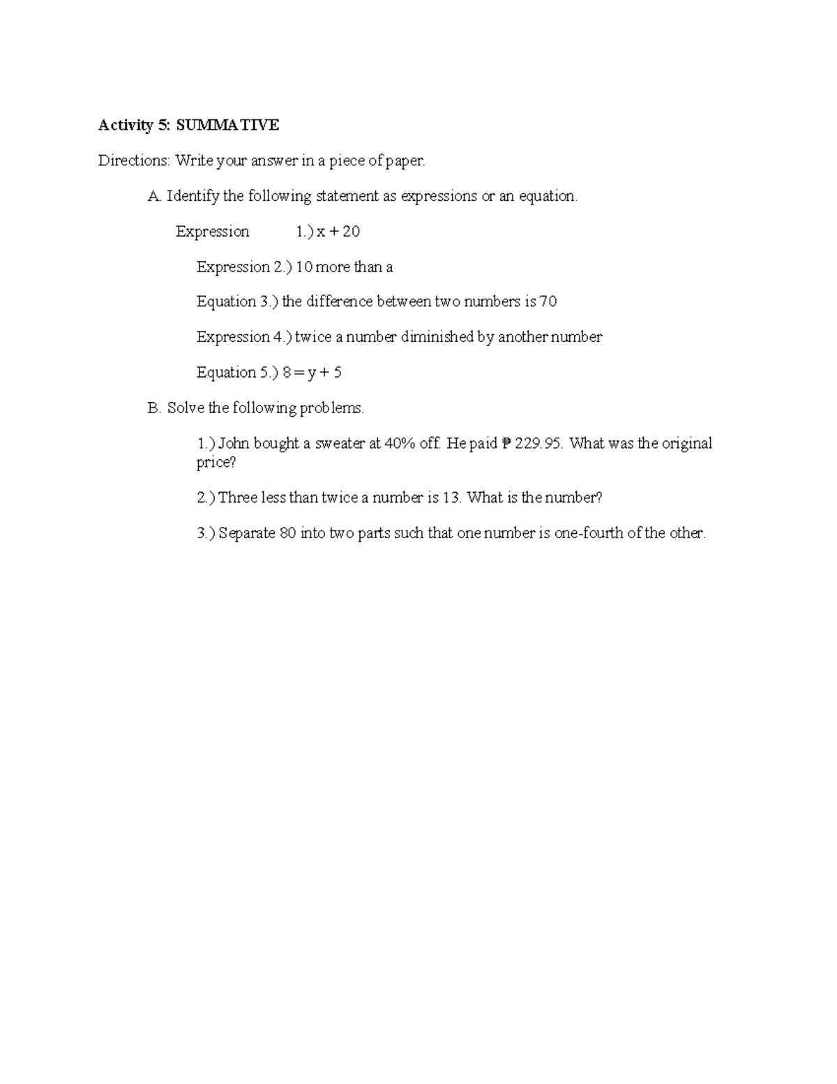 Activity 5: Summative Expressions & Equations Analysis - Studocu