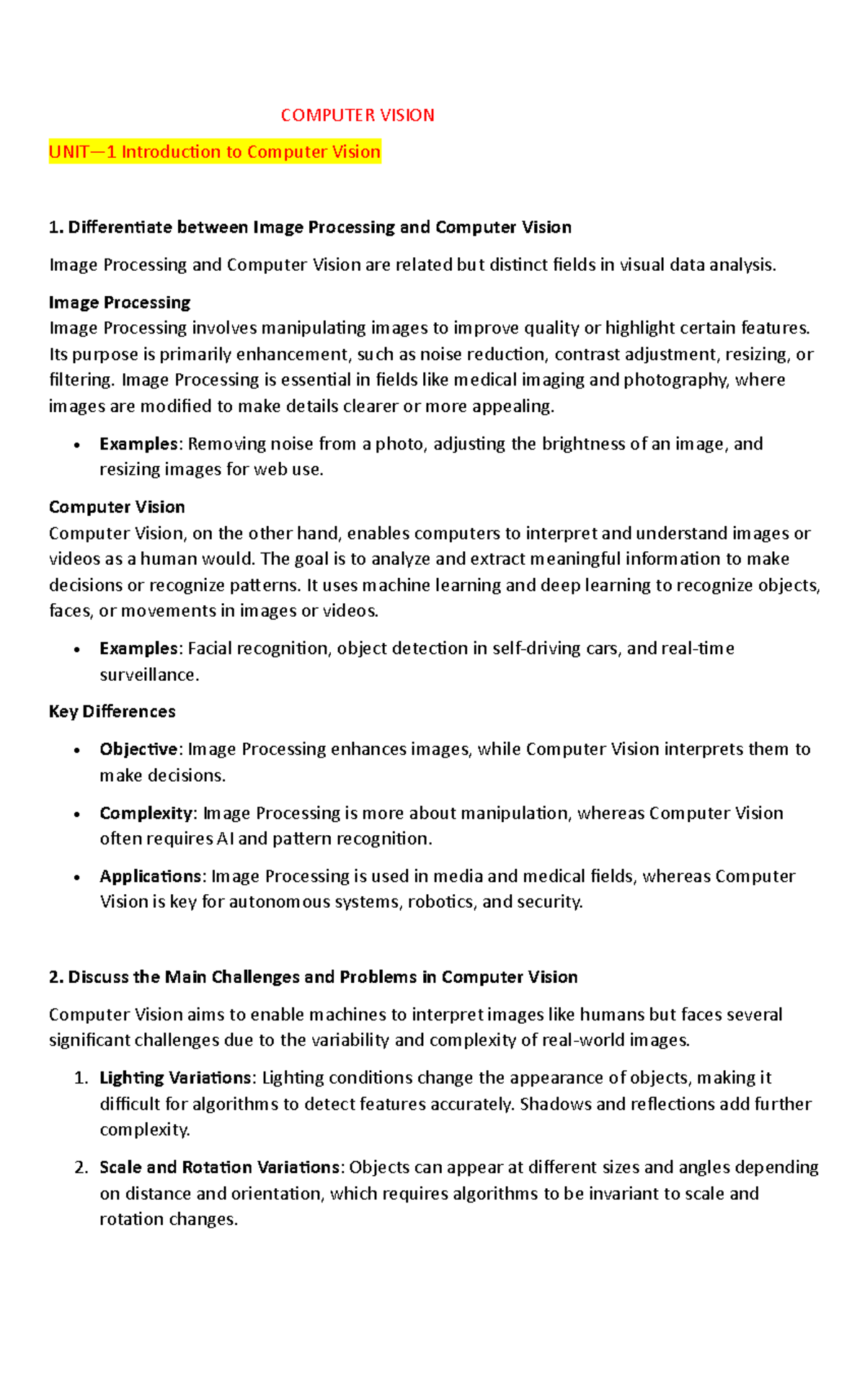 Computer Vision 7th Sem IMP QUES & ANS: Unit-Wise Overview - Studocu