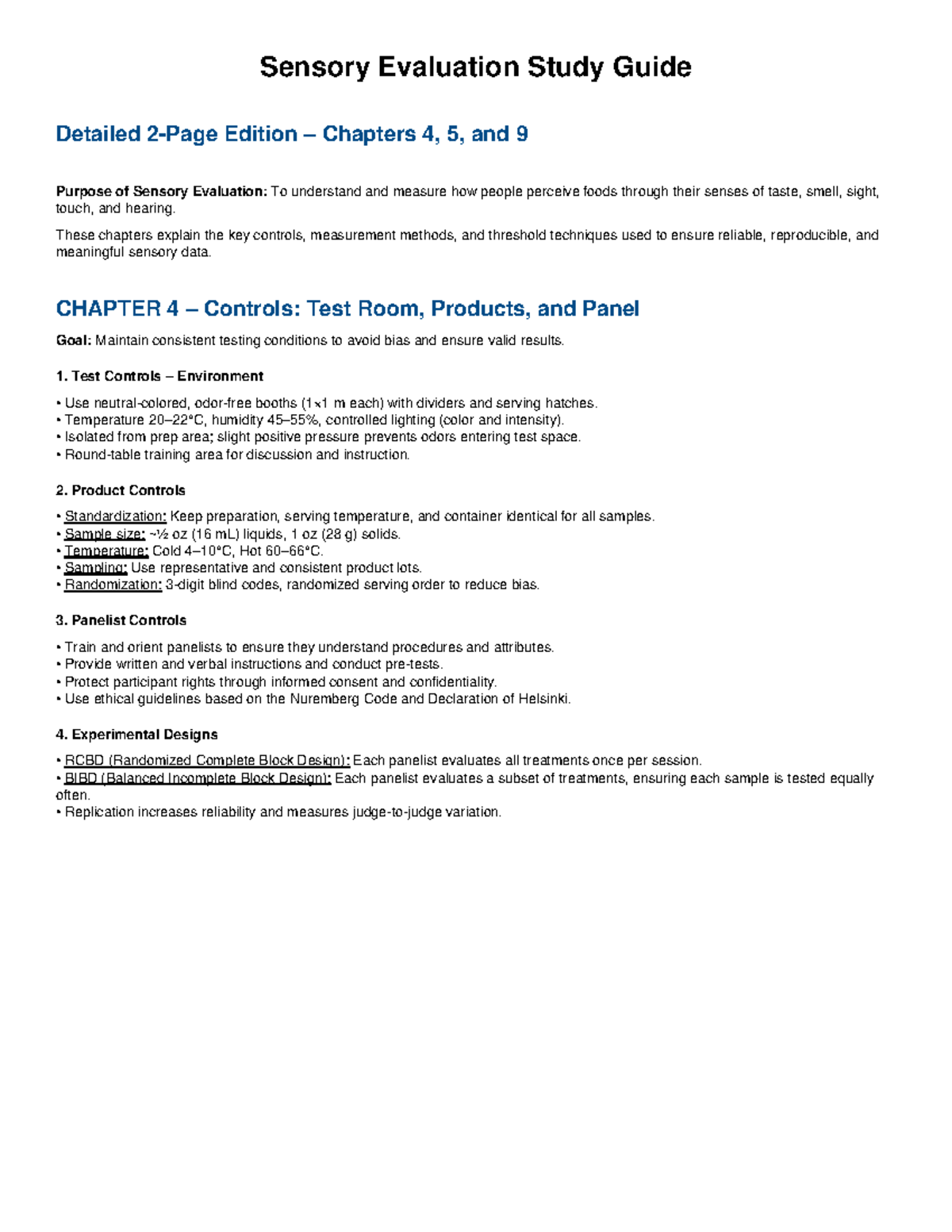 Sensory Evaluation Study Guide: Detailed Overview of Chapters 4, 5, and 9 - Studocu