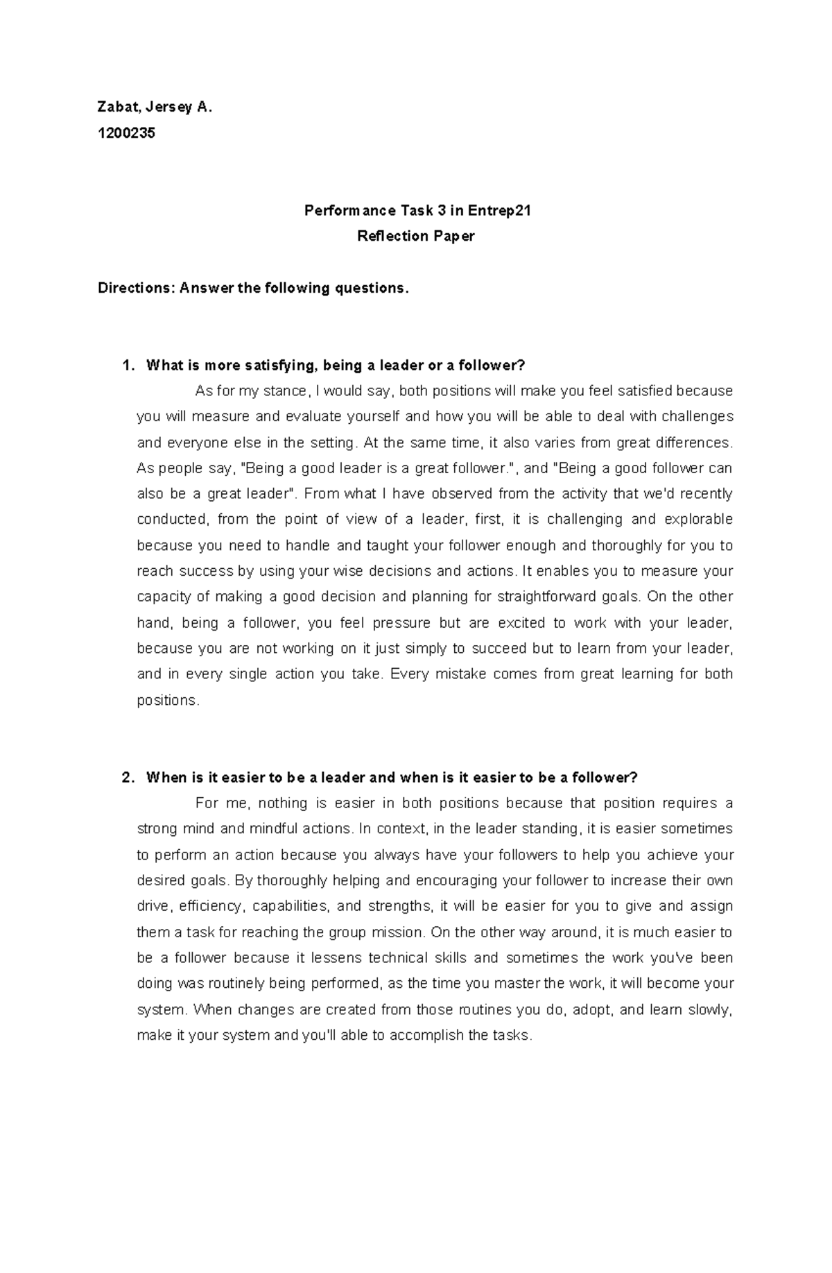 1200235 Entreplection Reflection Paper: Leadership vs. Followership ...