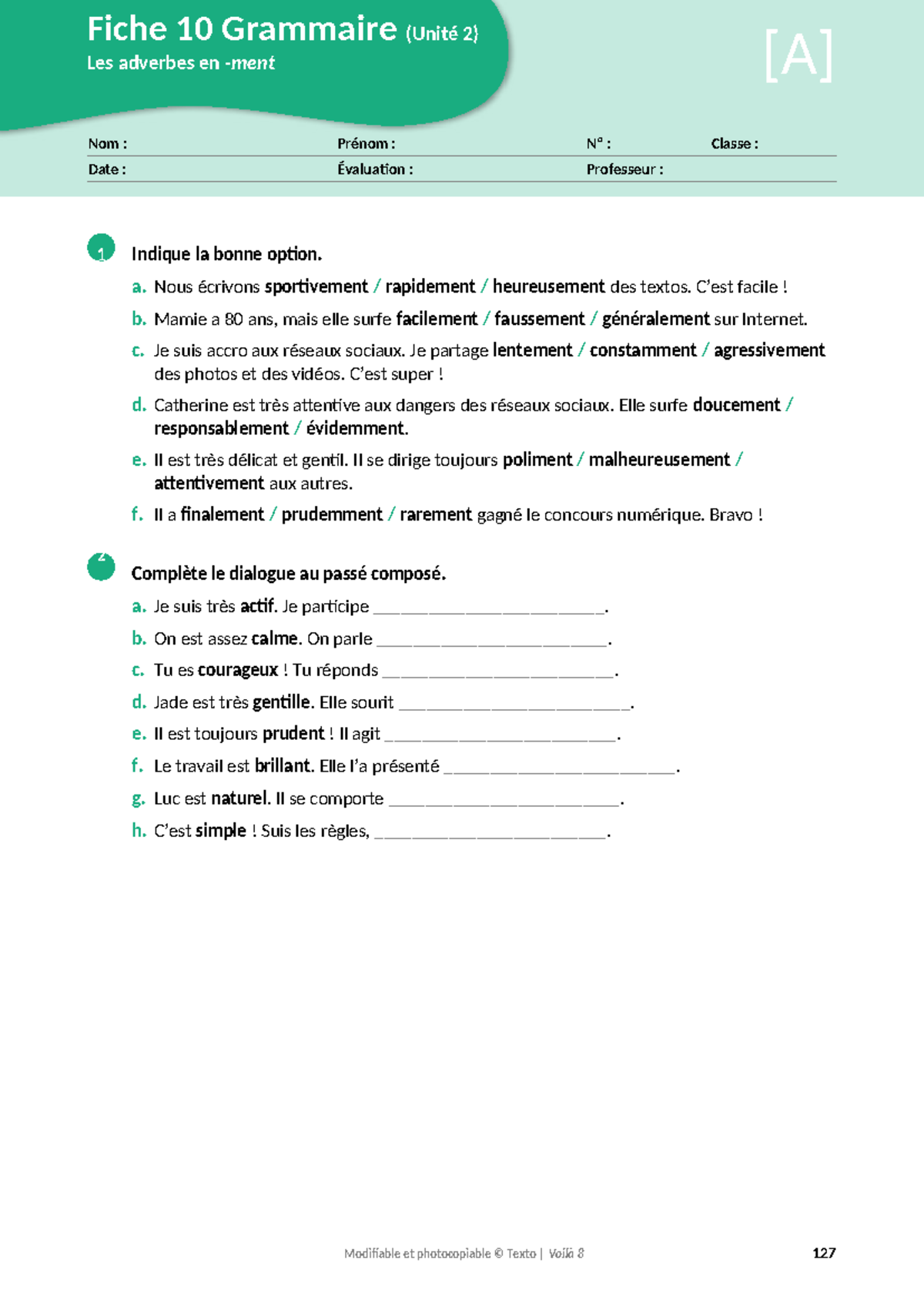 Grammaire 10A - Unité 2 : Les Adverbes et Évaluation - Studocu