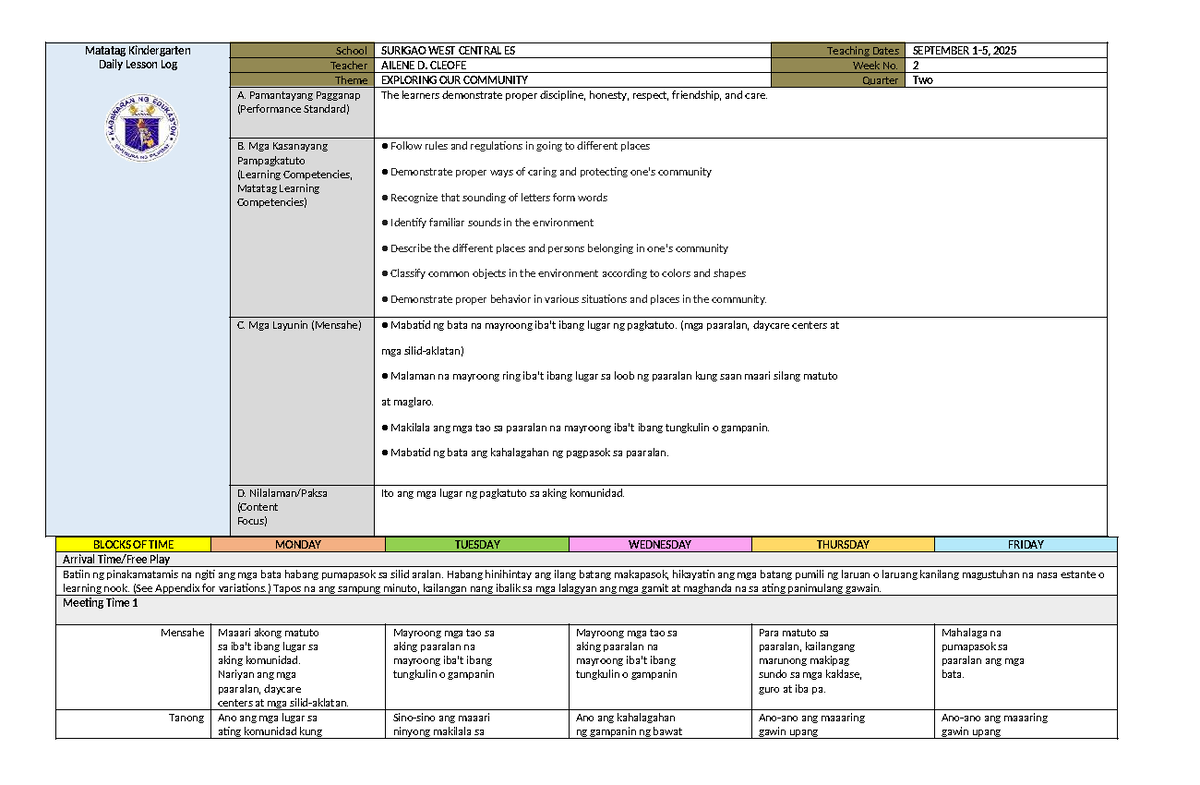 Q2-W2 Kindergarten Daily Lesson Log: Exploring Our Community - Studocu