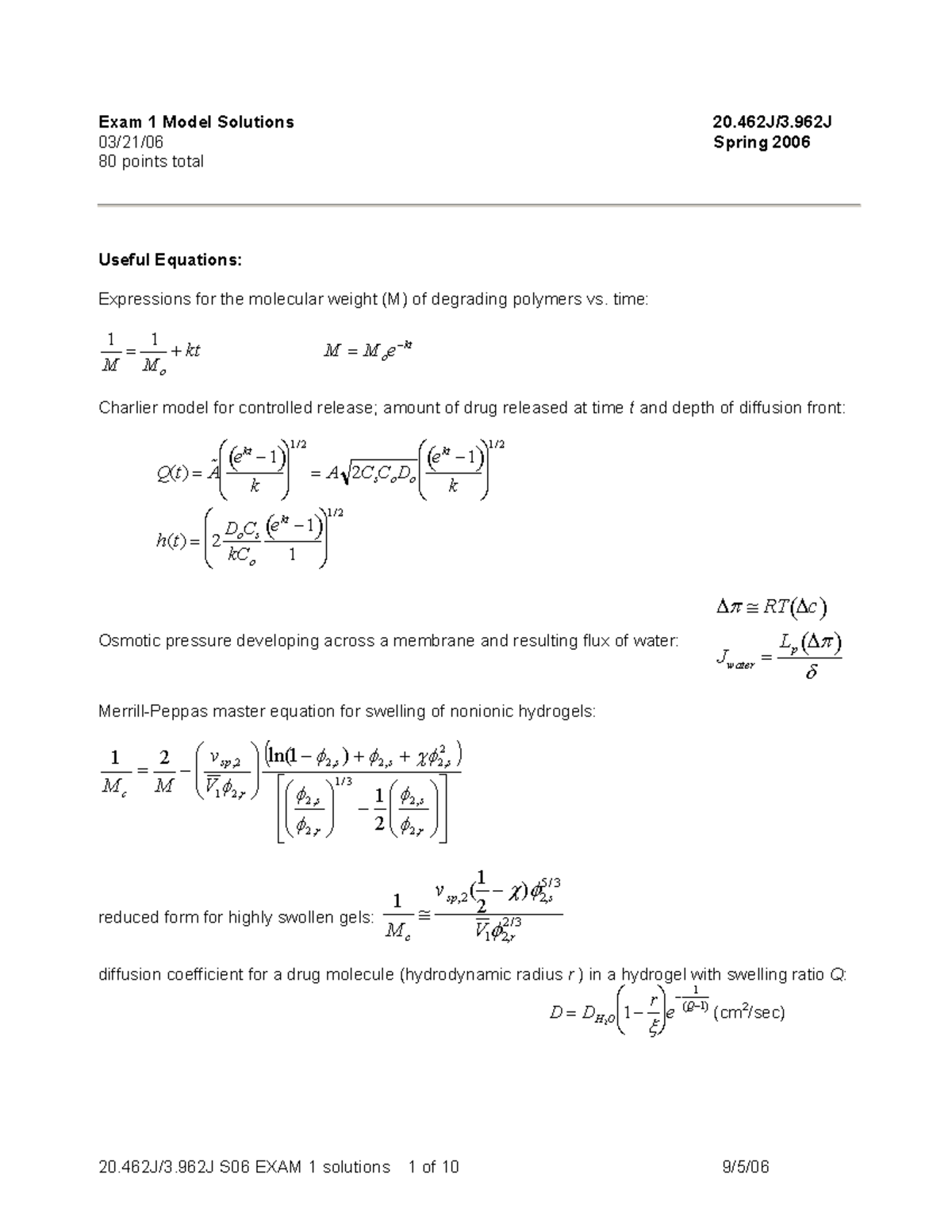 S06 Exam 1 Model Solutions for Polymer Drug Delivery Systems - Studocu