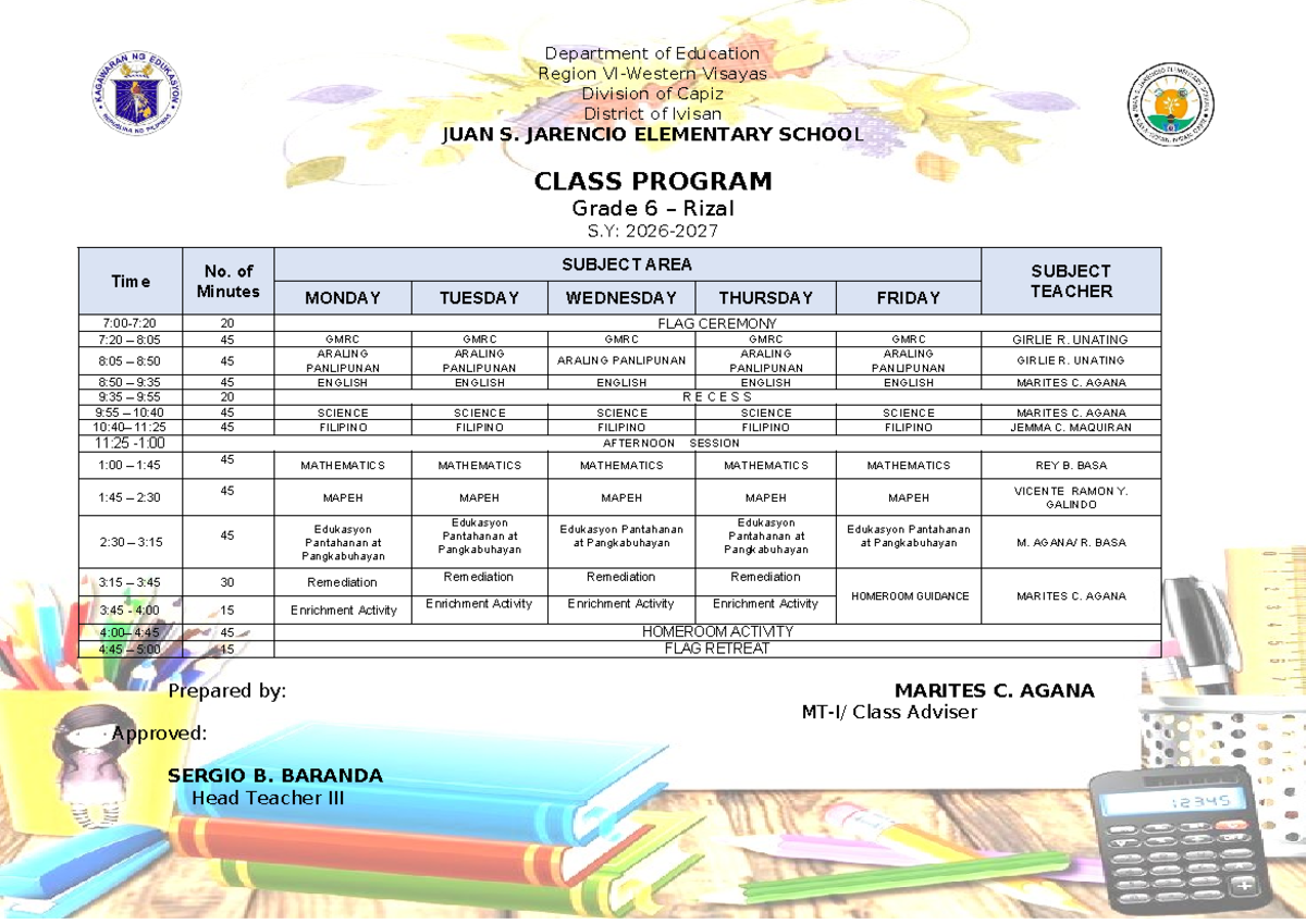 Grade 6 Class Program S.Y. 2026-2027 - Juan S. Jarencio Elem. - Studocu