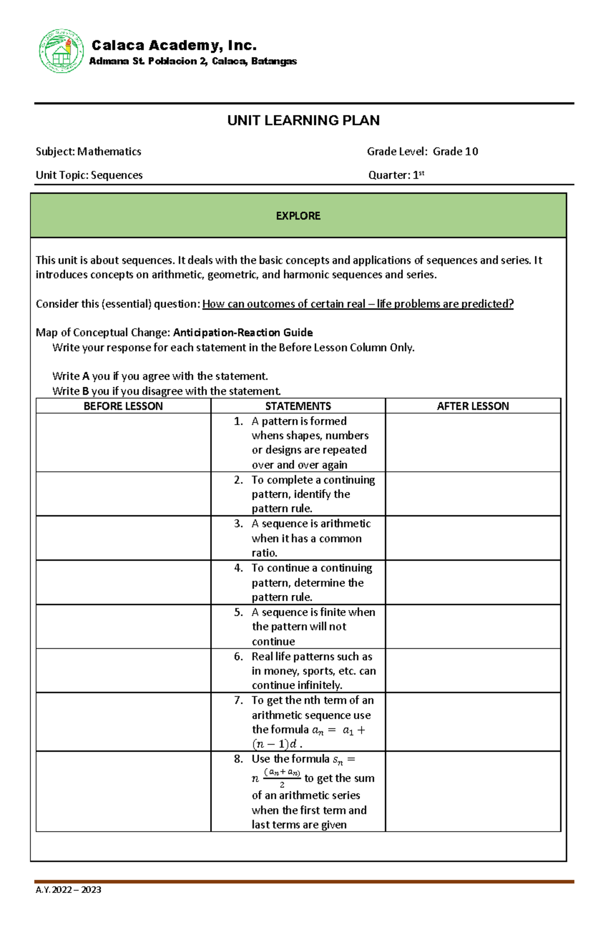 Mathematics Grade 10 Unit Learning Plan: Sequences (A.Y. 2022-2023 ...
