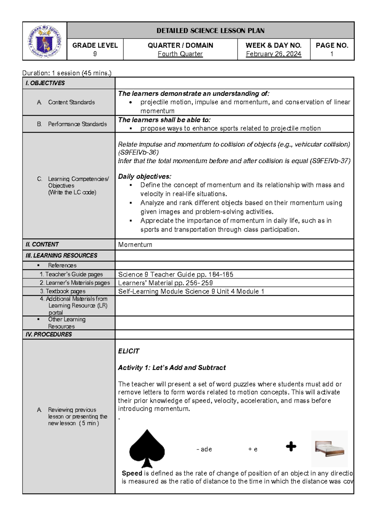 Science 9 - Fourth Quarter - Momentum - GRADE LEVEL 9 QUARTER / DOMAIN ...