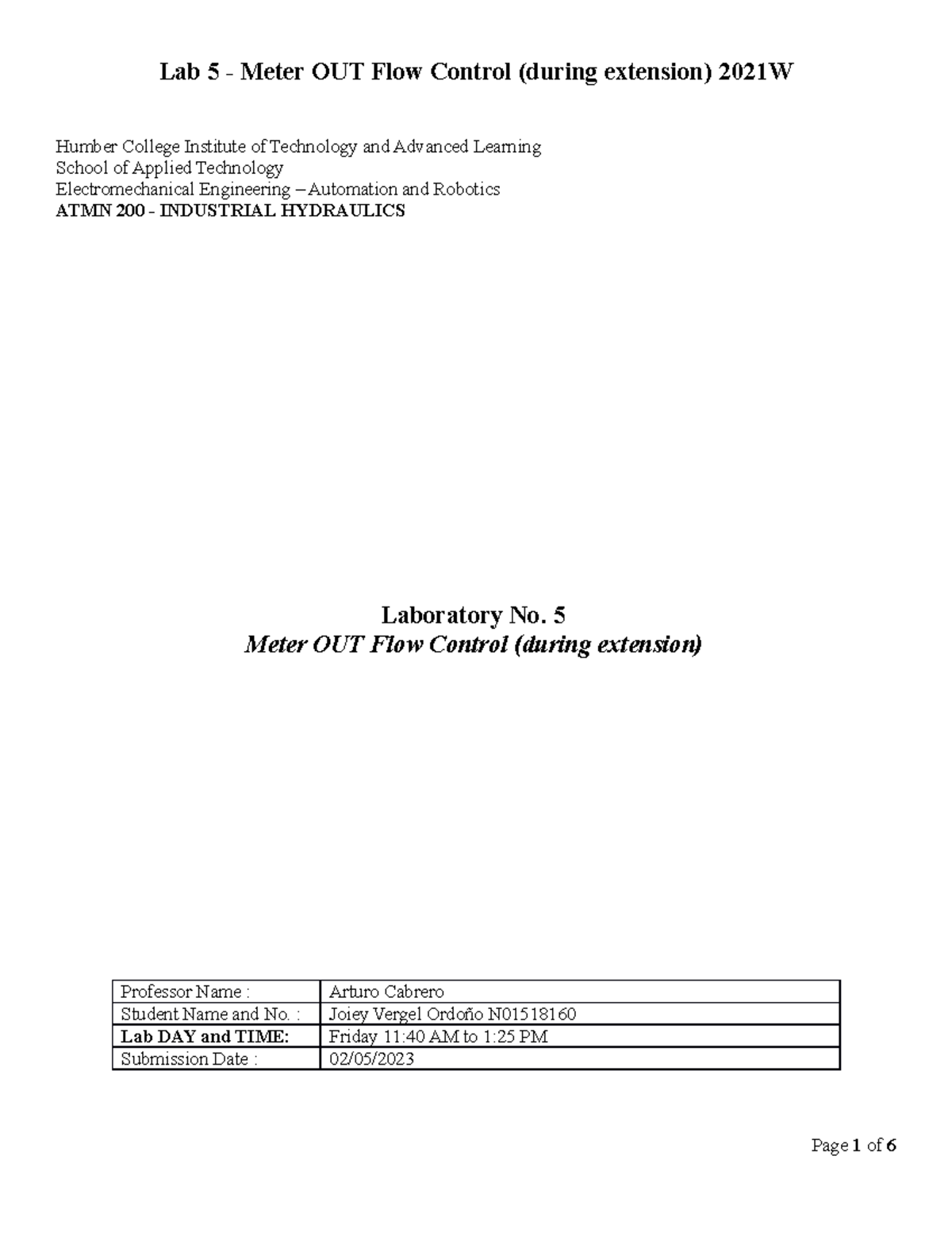 Lab 5 - Meter OUT Flow Control CIrcuit W21 - Humber College Institute ...