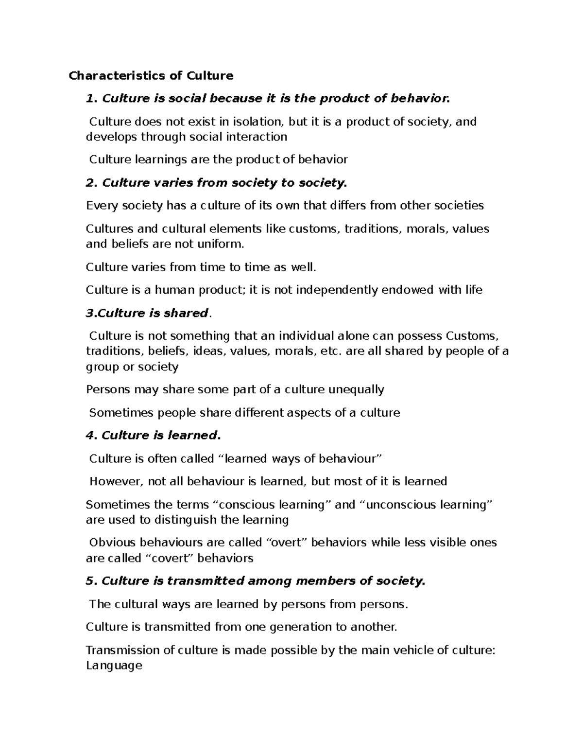 Characteristics of Culture - Notes (SOC 101) - Studocu