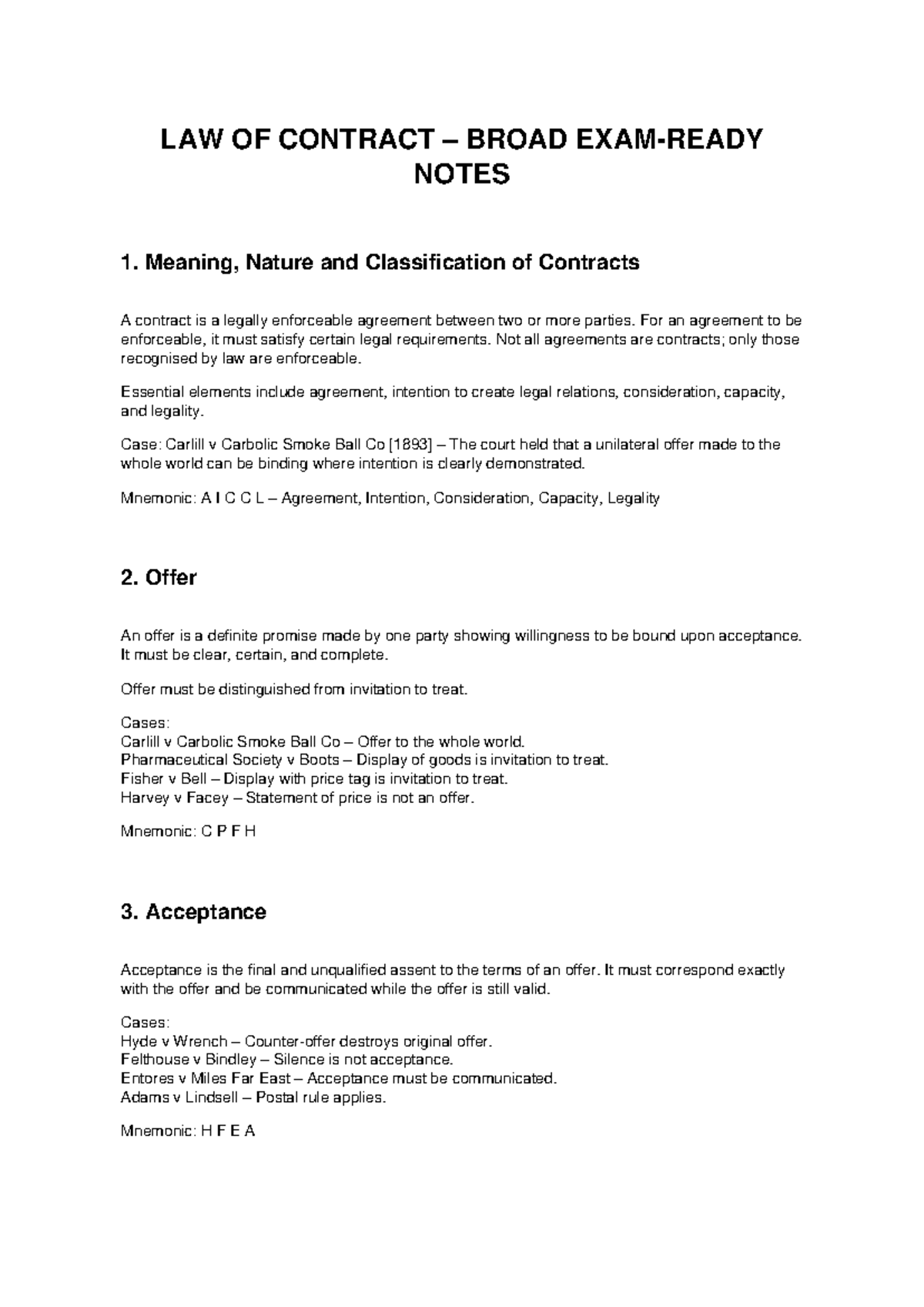 LAW OF CONTRACT BROAD NOTES 1: Meaning, Nature & Classification - Studocu