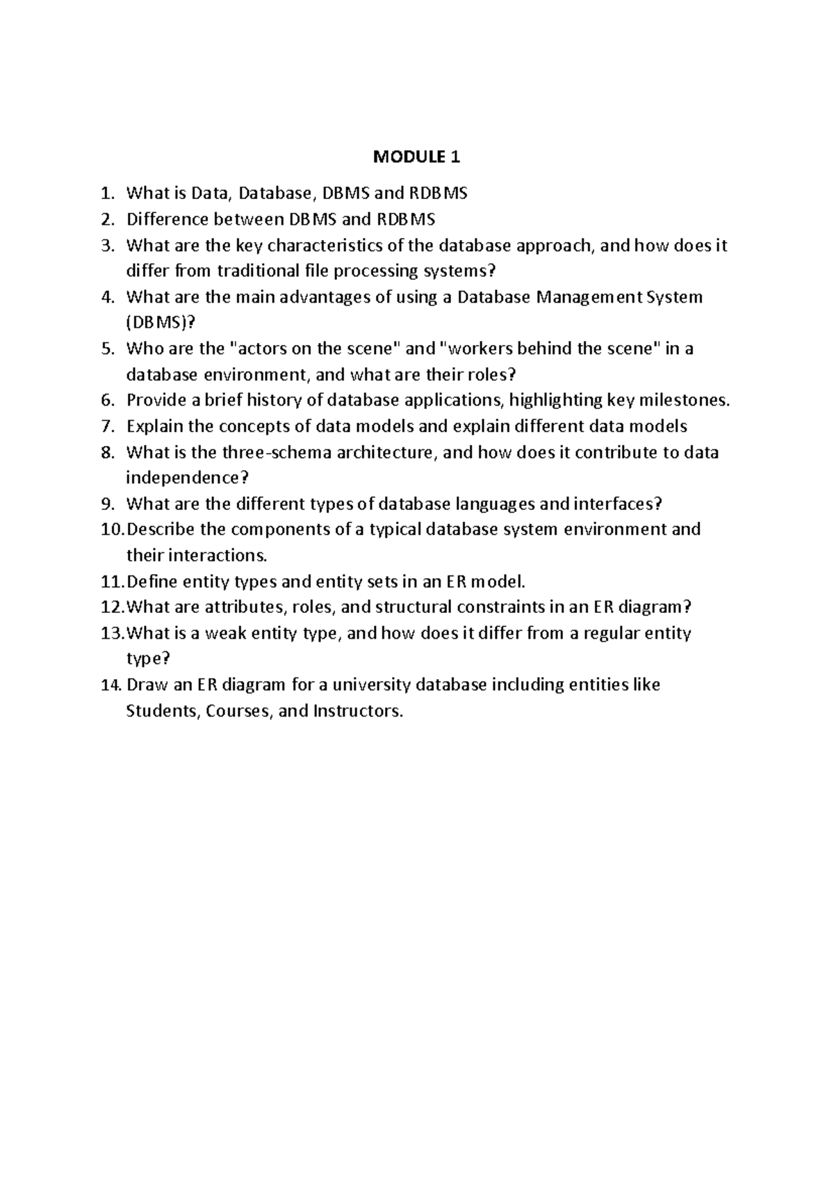 DBMS Question Bank: Module 1 & 2 Key Concepts & Queries - Studocu