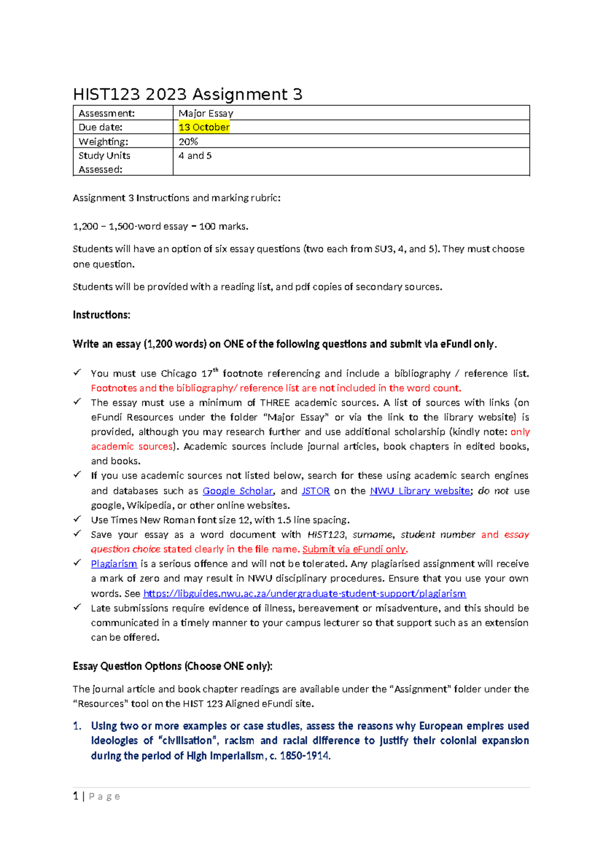 HIST123 Major Essay Assignment 3 Guidelines and Instructions - Studocu