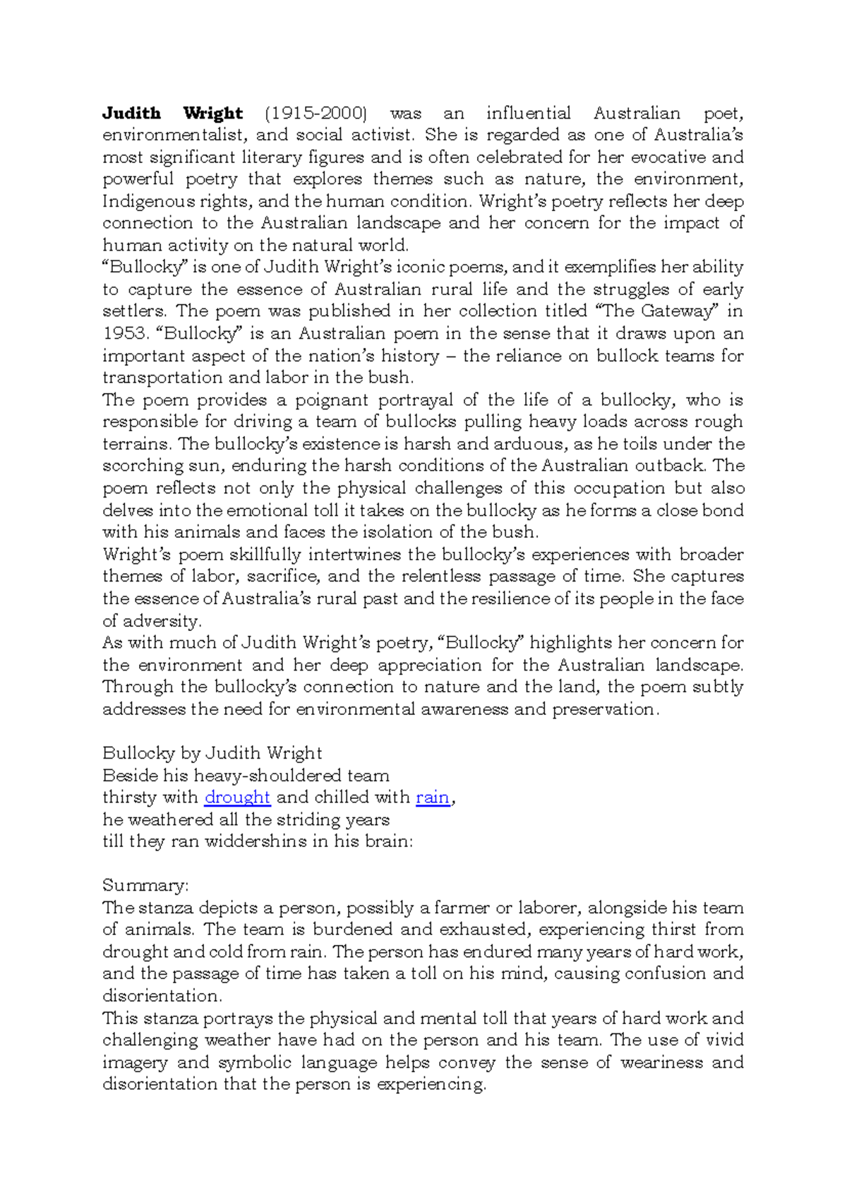 Bullocky: An Analysis of Judith Wright's Poem on Rural Life - Studocu