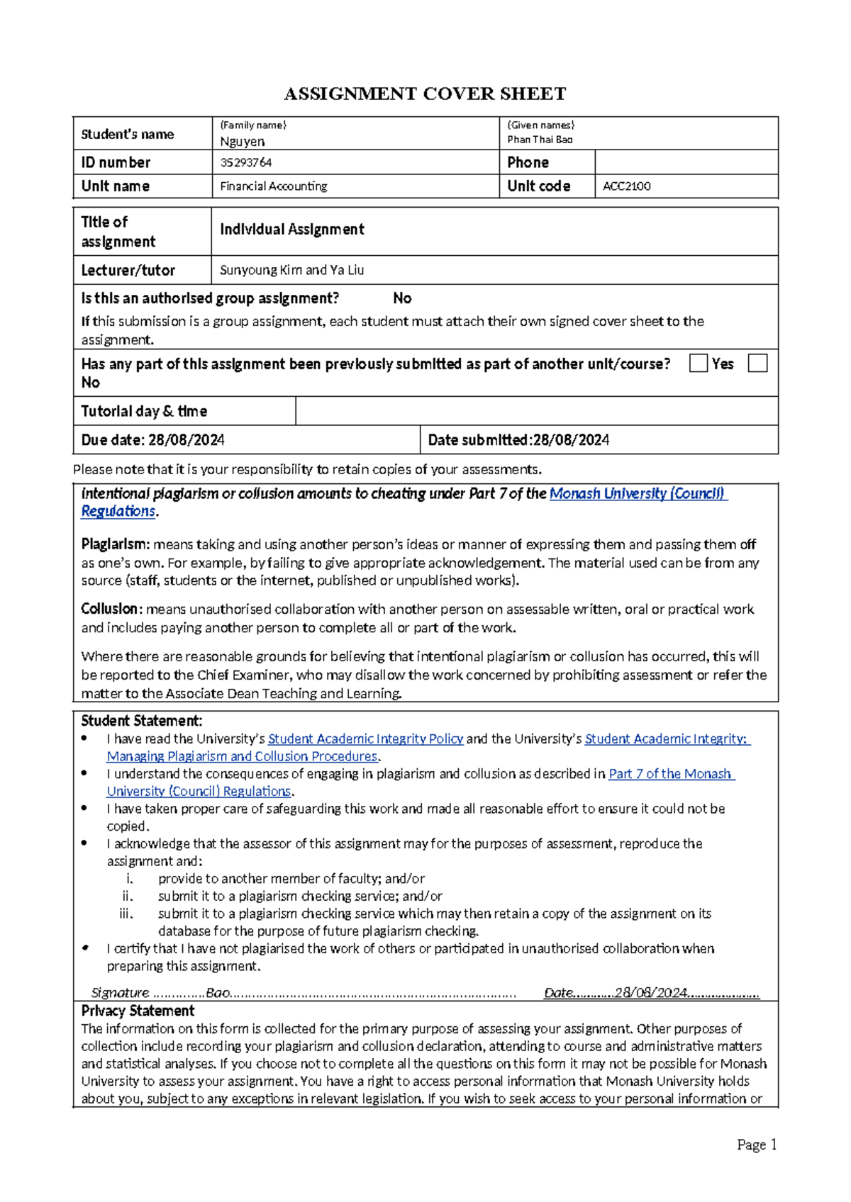 ACC2100 Individual Assignment Cover Sheet - Phan Thai Bao Nguyen - Studocu