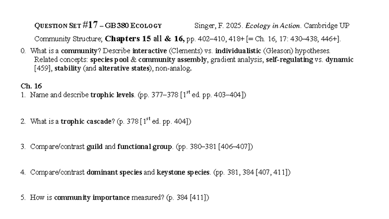 Question Set #17 - GB 380 Ecology Final Exam Review (Ch. 15-17) - Studocu