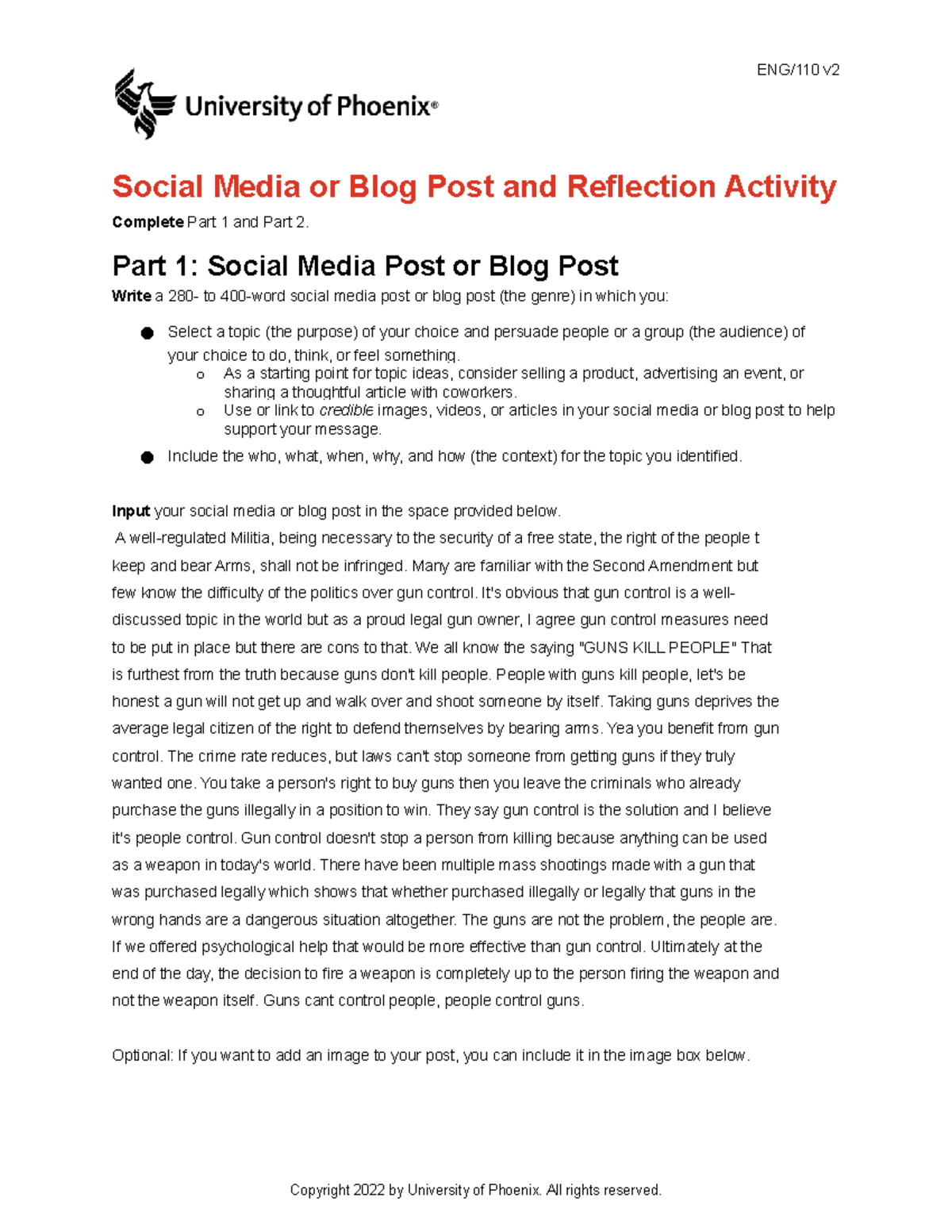 ENG/110 v - Social Media Post and Reflection Activity (Week 3) - Studocu