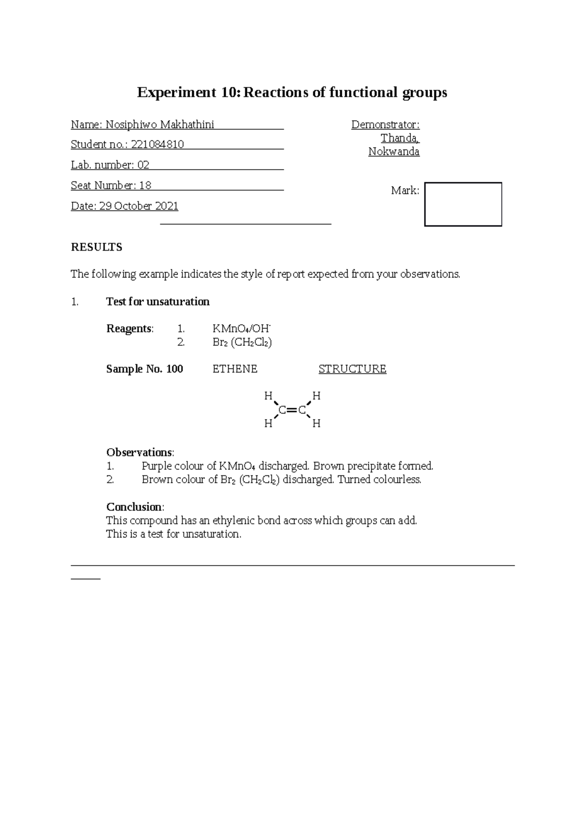 Experiment 10: Functional Group Reactions for CHEM 120 Prac - Studocu