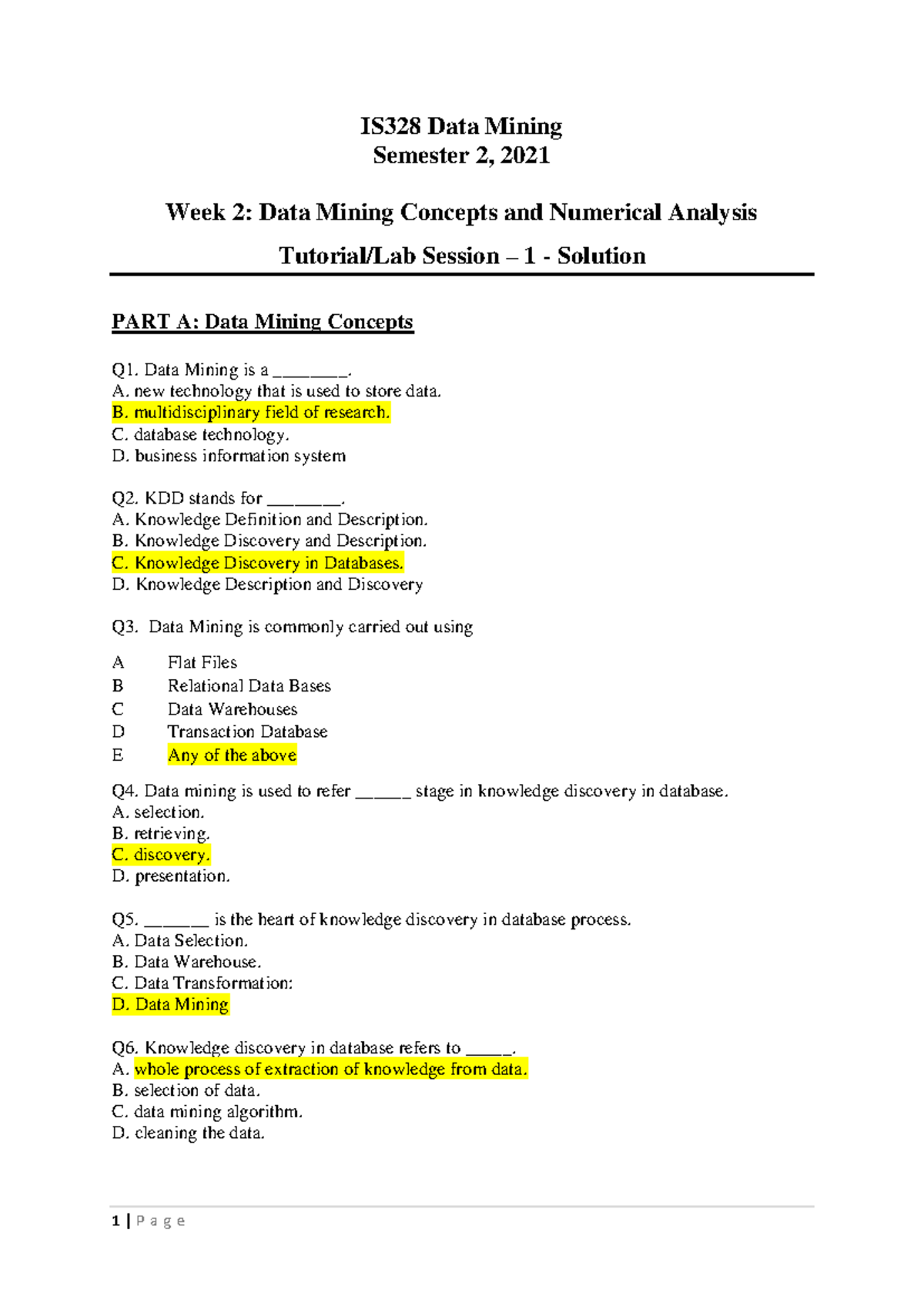 IS328 Data Mining - Tutorial 1 Solutions & Key Concepts - Studocu