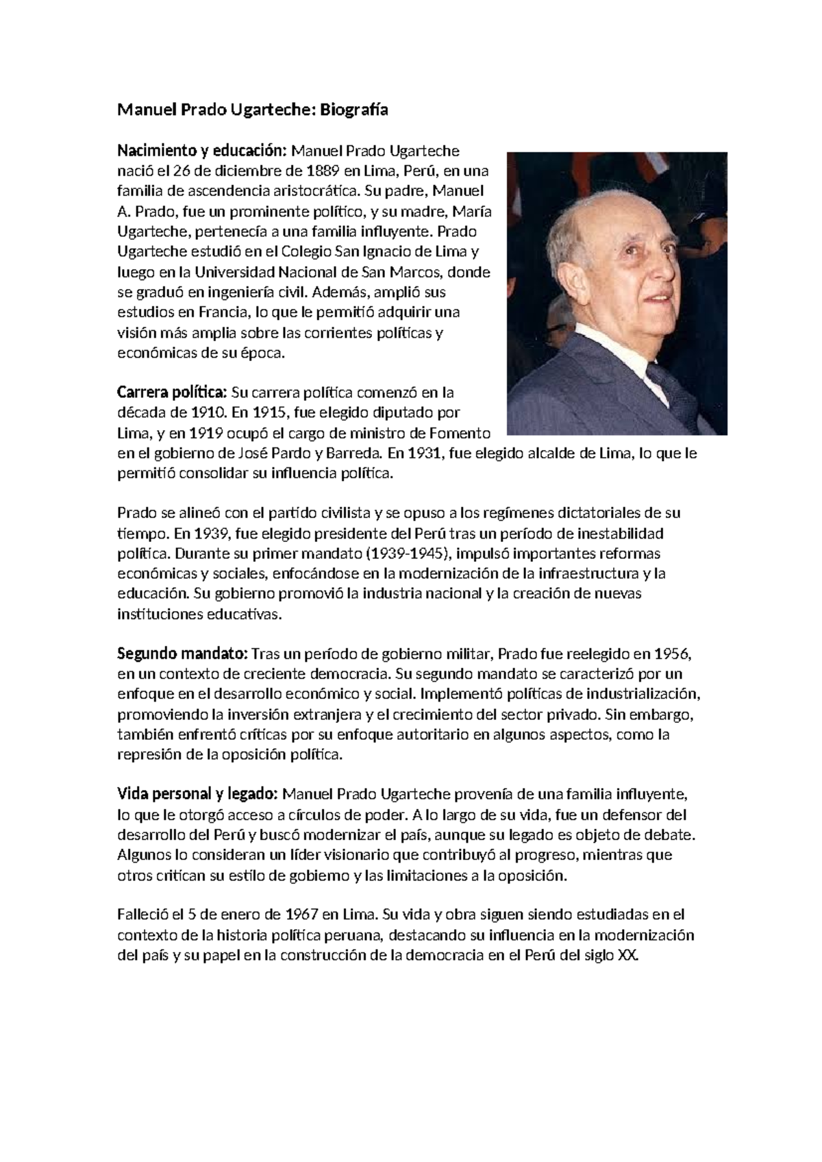 Biografía de Manuel Prado Ugarteche: Nacimiento y Carrera Política ...