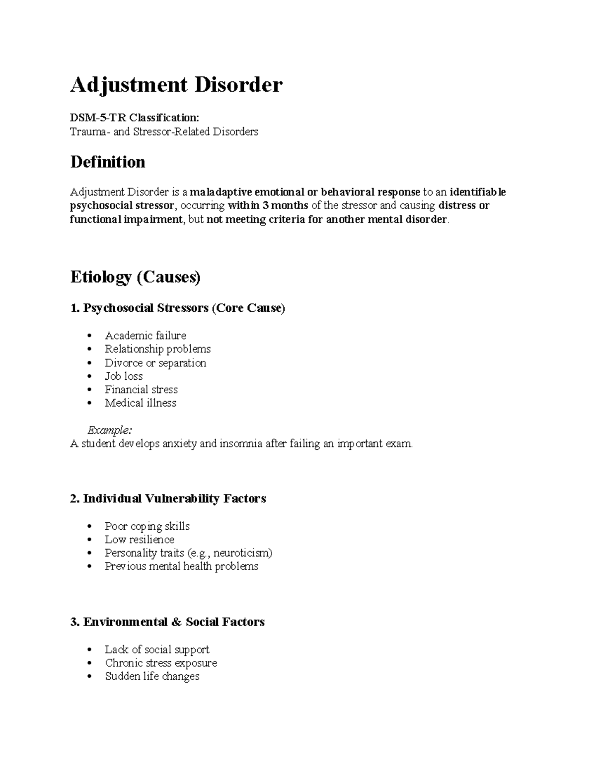 Adjustment Disorder: Classification and Treatment Overview - Studocu