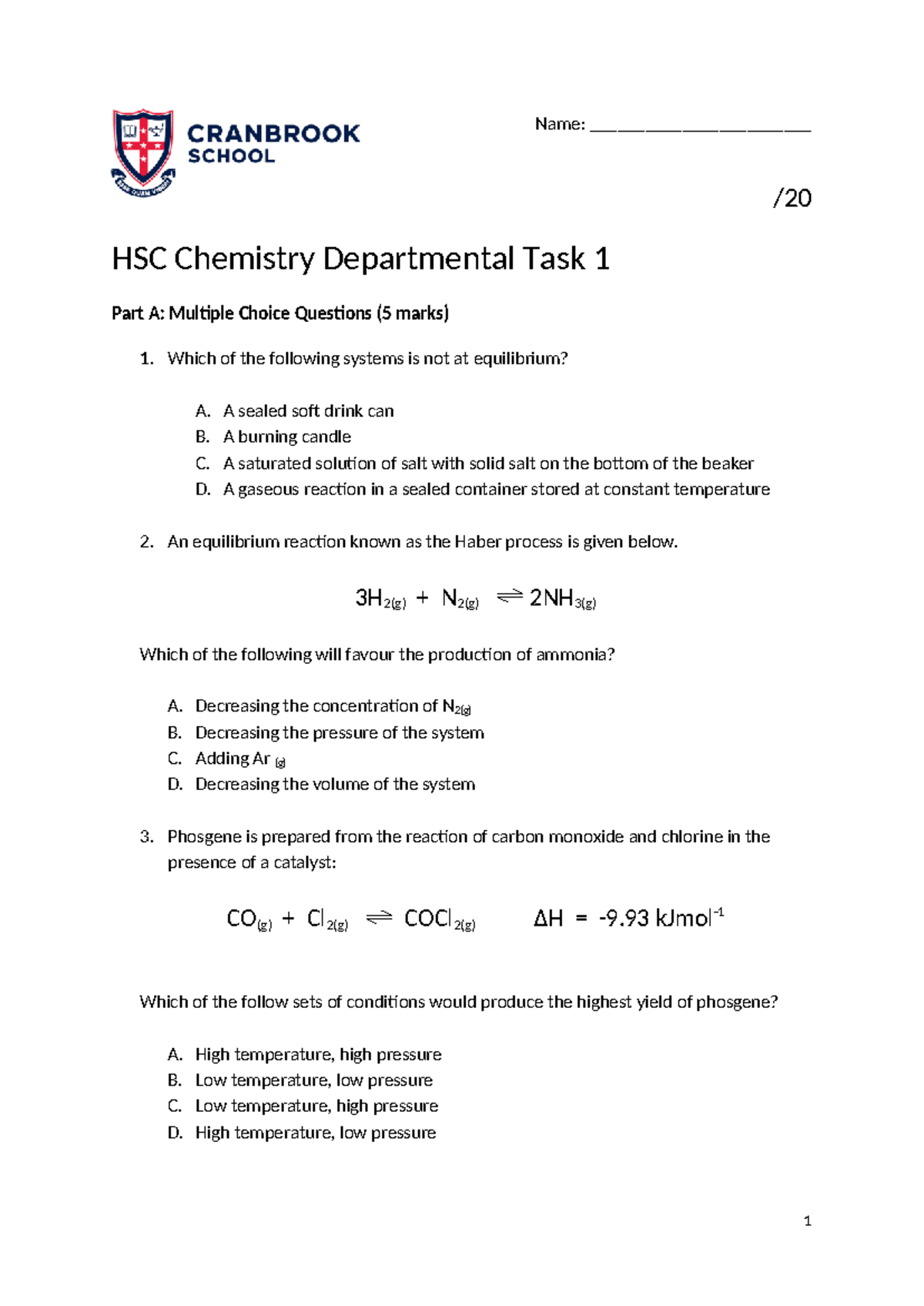 HSC Chemistry Task 1: Exam Style Quiz on Equilibrium Concepts - Studocu