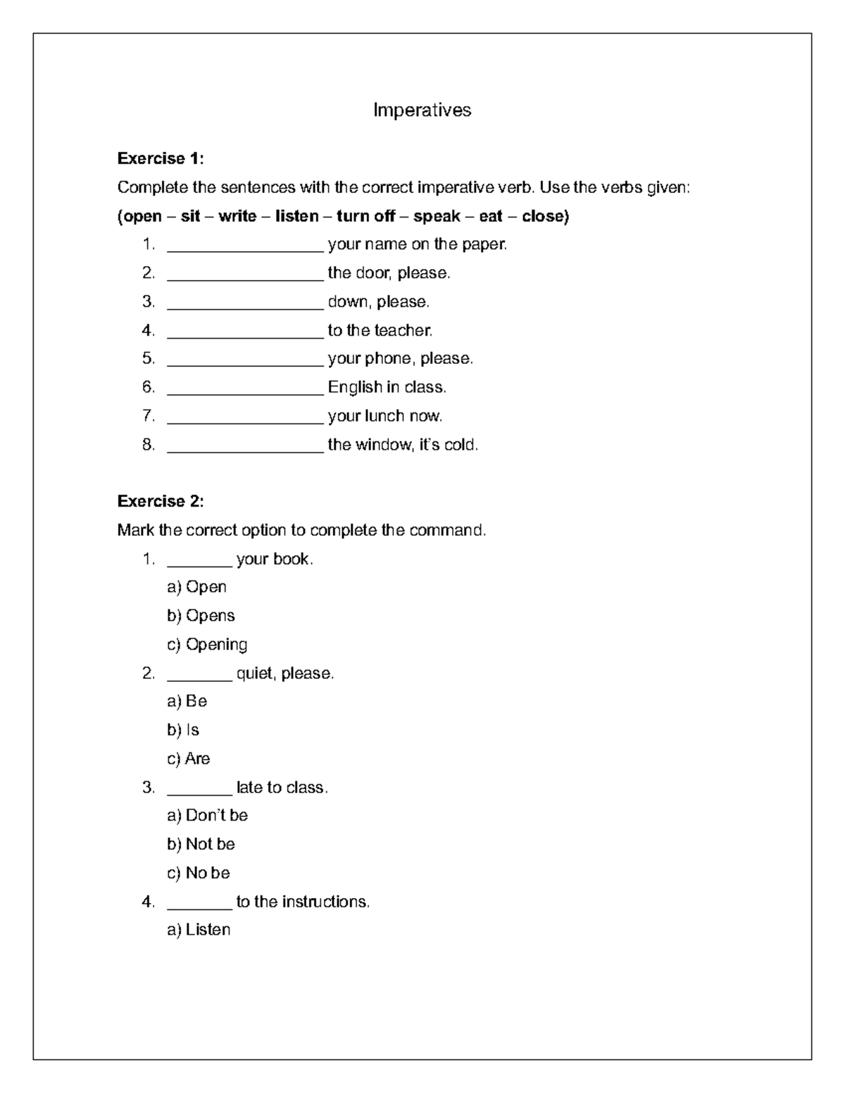 Imperatives Exercise: Complete the Sentences with Verbs - Studocu