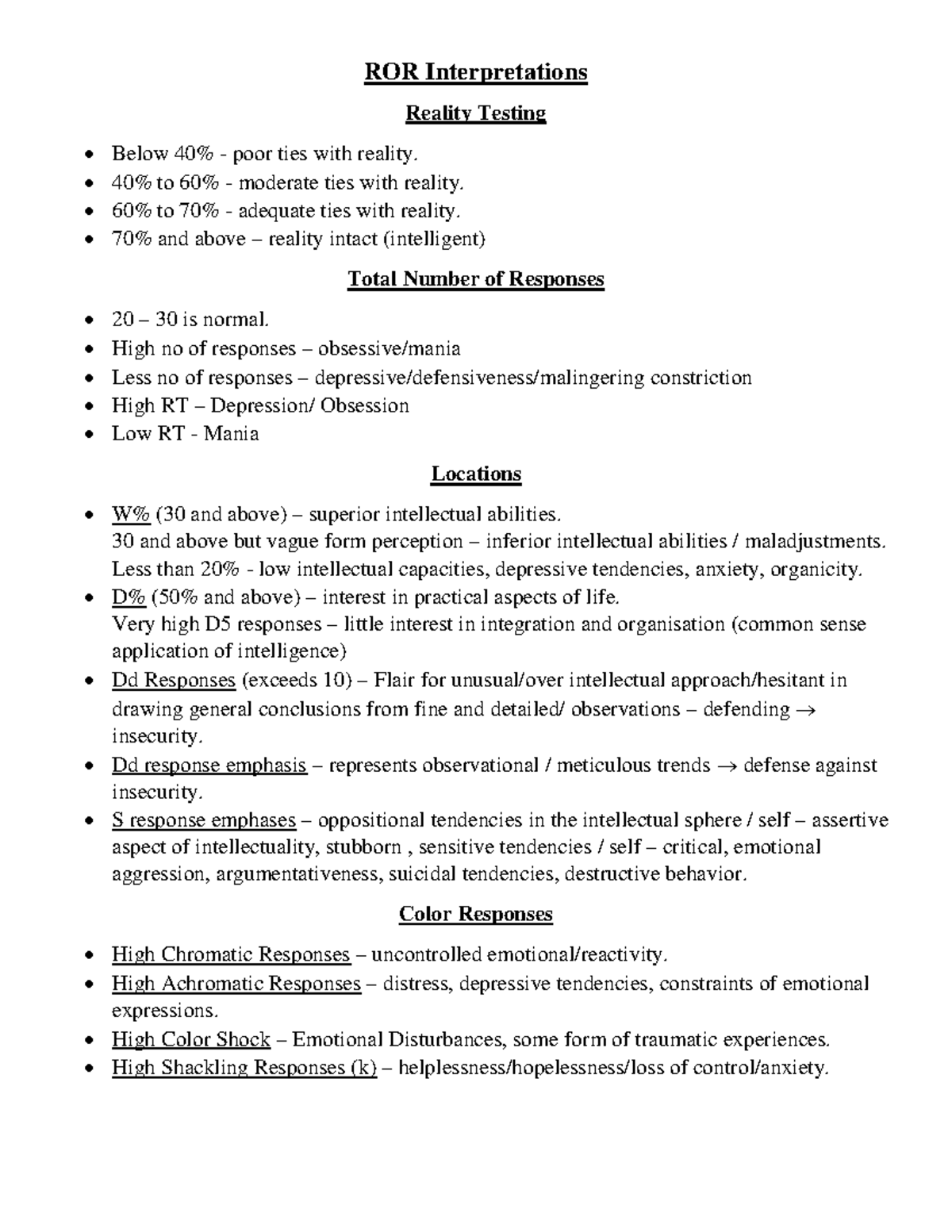 ROR Interpretations - Notes on Reality Testing and Responses - Studocu