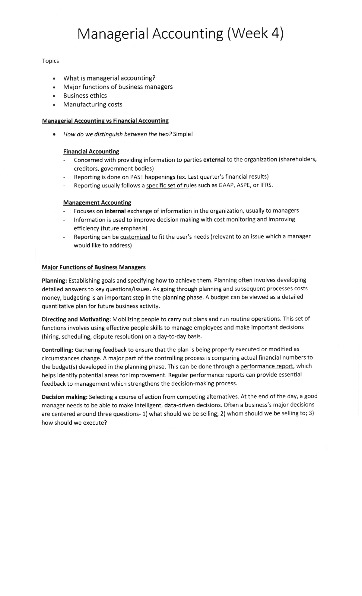 Week 4 Notes Complete - Managerial Accounting (Week 4) Topics What is ...