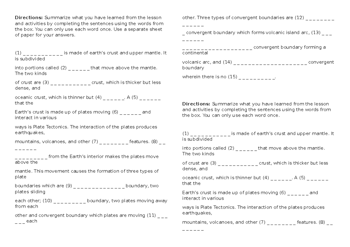 Plate Tectonics Quiz Summary Exercise - Studocu