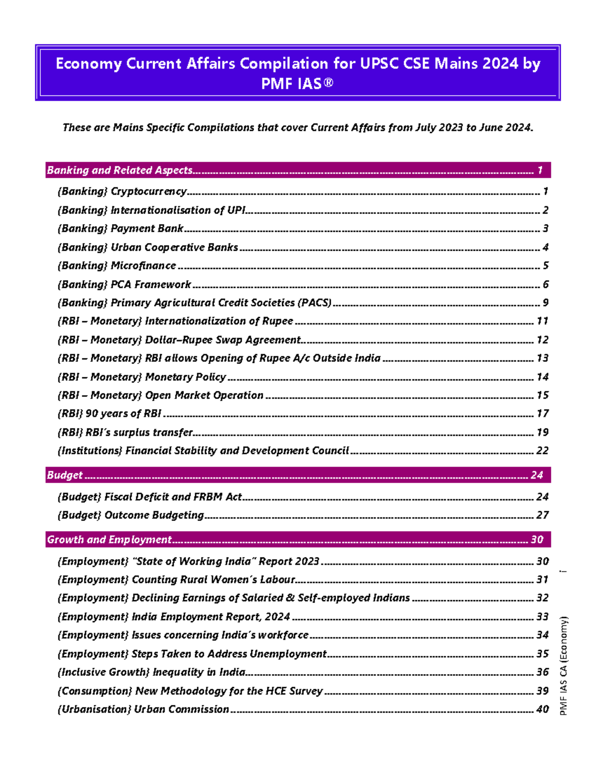 PMF IAS CA Mains 2024: Economy Current Affairs Comprehensive Guide ...