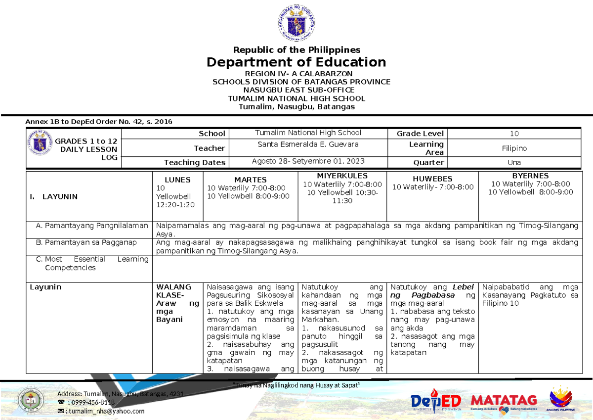 DLL Q1 W1 Daily Lesson Log for Filipino 10 at Tumalim National HS - Studocu