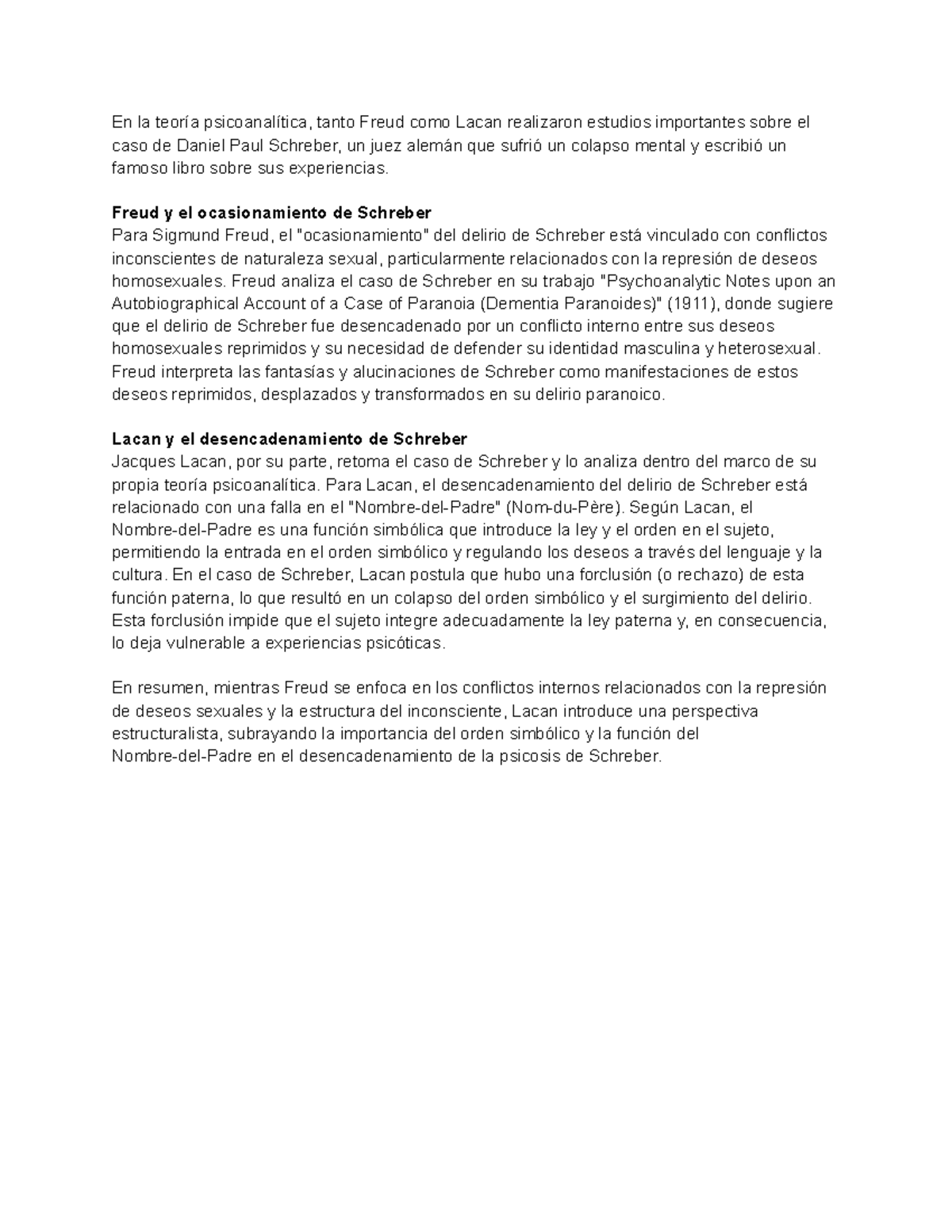 Resumen del Caso Schreber según Freud y Lacan - Studocu