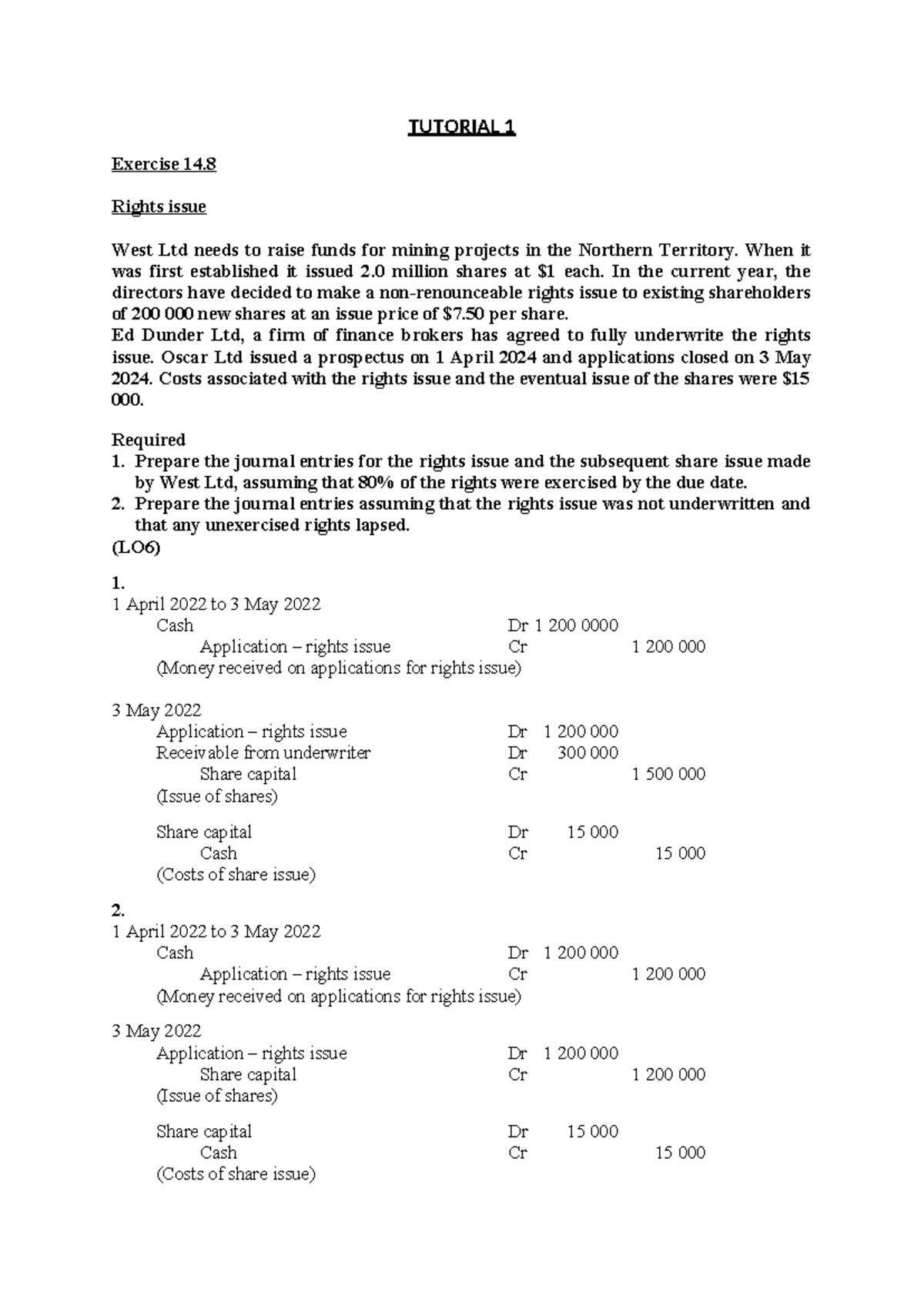 Tutorial 1 Solution: Rights Issue and Share Transactions Analysis - Studocu