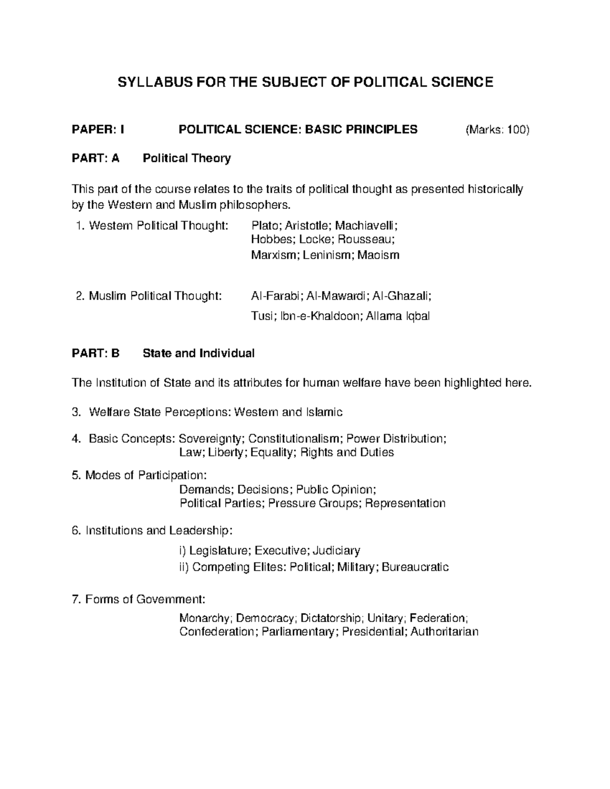 Syllabus FOR THE Subject OF Political Science - SYLLABUS FOR THE ...
