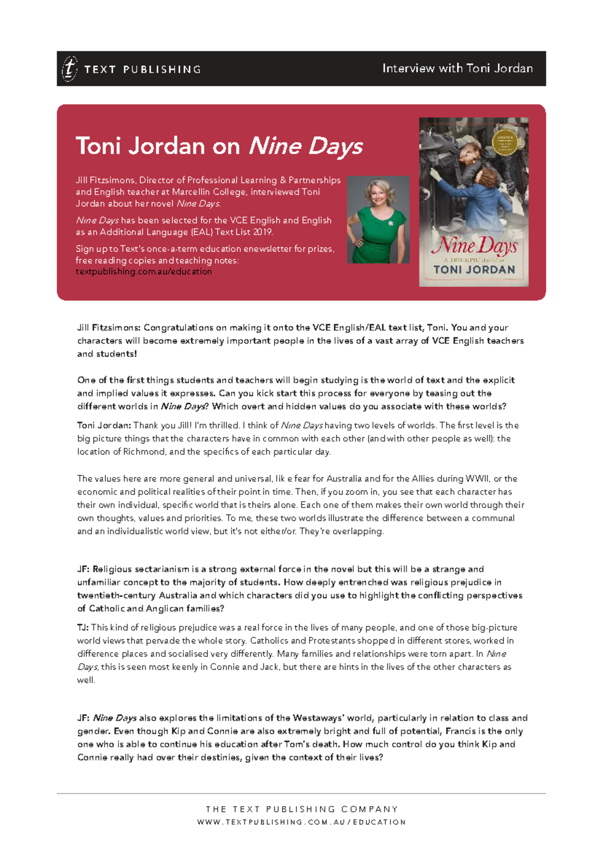 Interview with Toni Jordan on Nine Days - VCE English Insights - Studocu