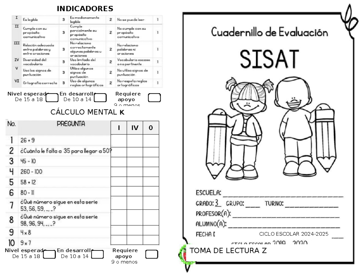 Sisat 3° - Formato Captura Lectura y Cálculo Mental Tercero - Studocu
