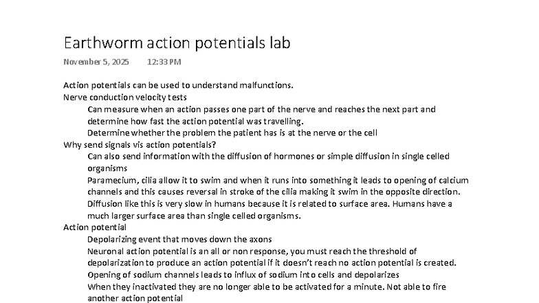 PGHY 212 Lab: Earthworm Action Potentials and Nerve Conduction - Studocu