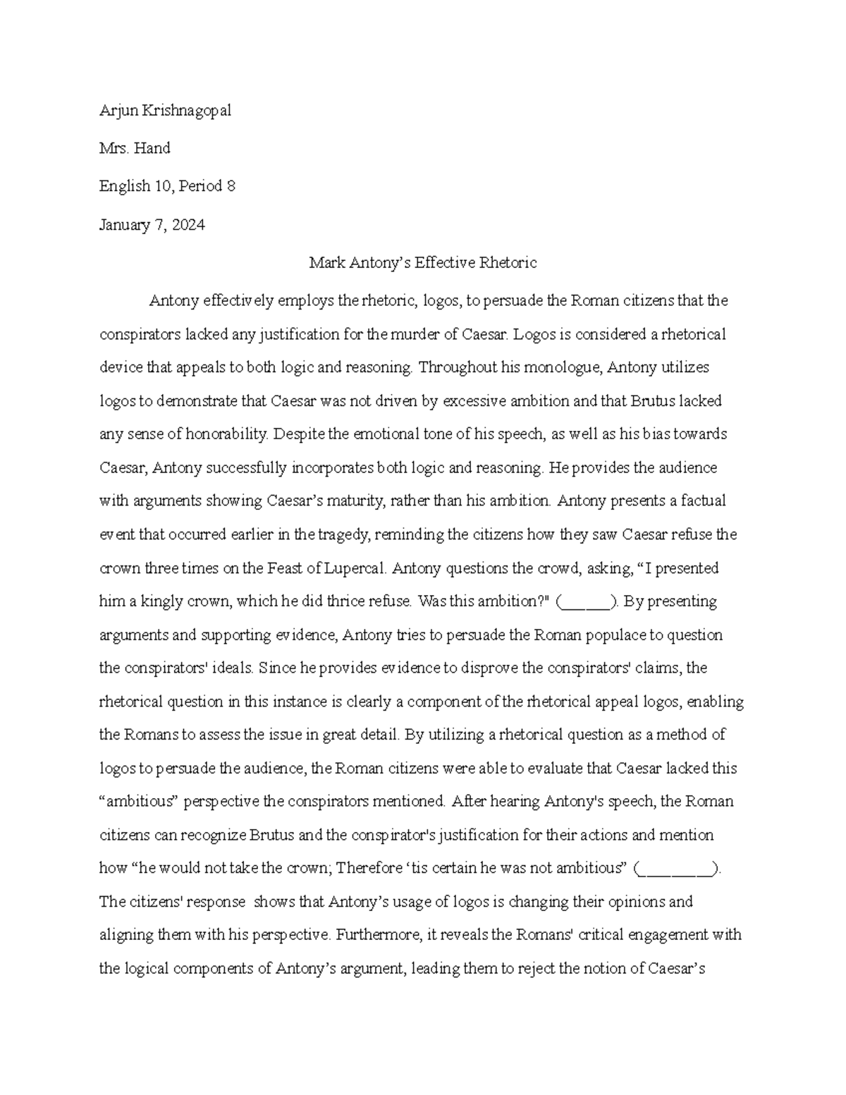Julius Caesar Rhetorical Essay (ENG 10, Final Exam) - Studocu