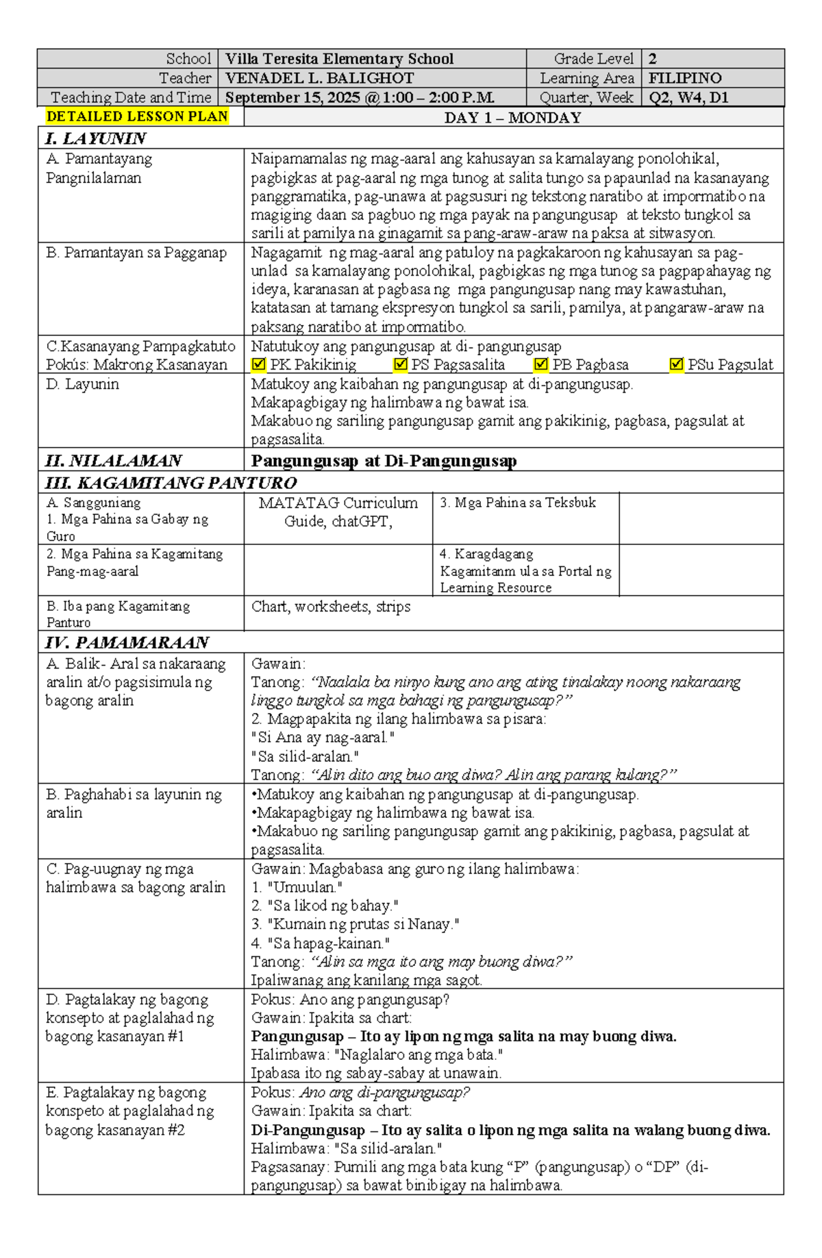 DLP Filipino 2 Q2W4: Detailed Lesson Plans on Sentence Structure - Studocu