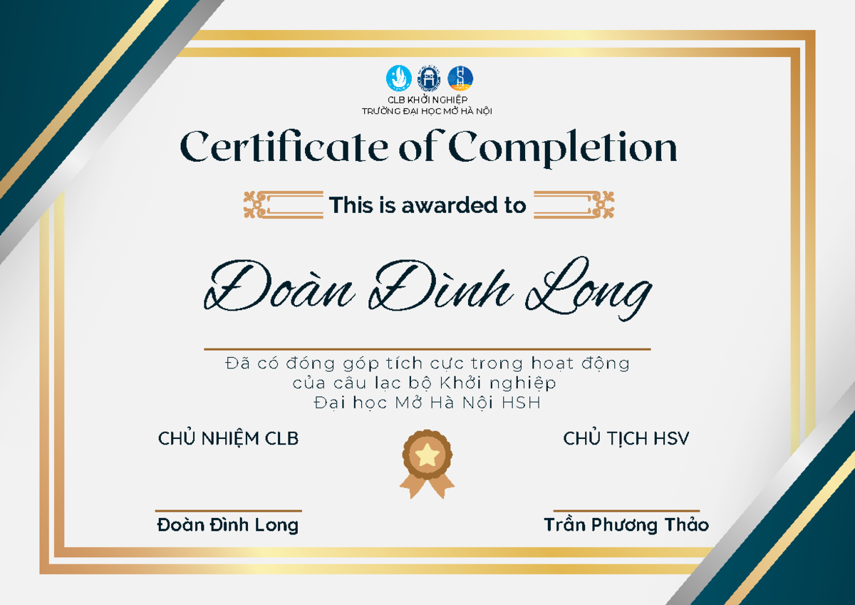 Giấy khen HSH - hihi - CHỦ NHIỆM CLB Certificate of Completion Đoàn ...