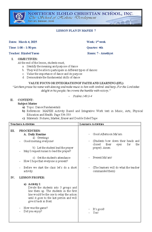 Lesson plan for MAPEH 7: Folk dance basics and activities - Studocu