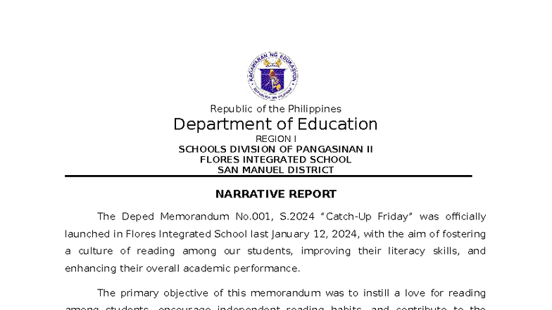 Narrative Report on Reading Program Implementation - DepEd Memo No. 001 ...