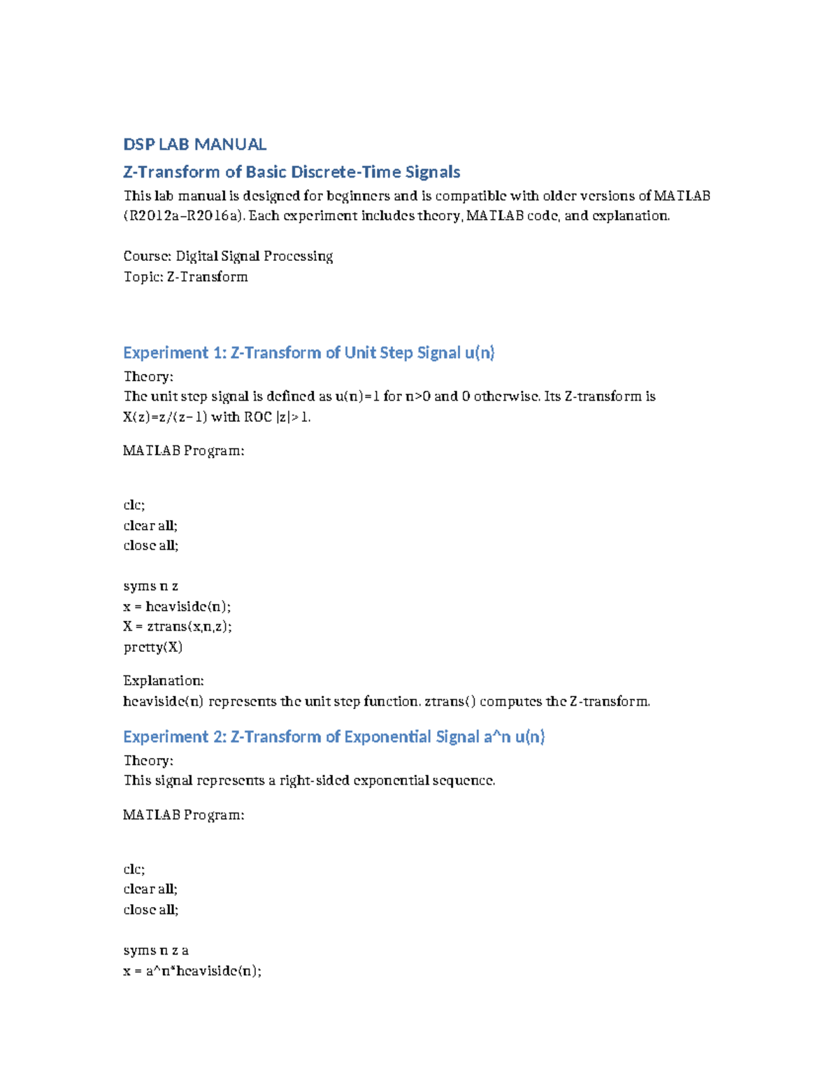 DSP LAB MANUAL: Z-Transforms & Basic Signals in MATLAB - Studocu