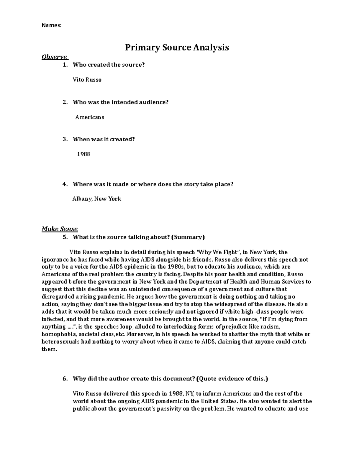Primary Source Analysis Worksheet-1: Vito Russo's Speech on AIDS - Studocu