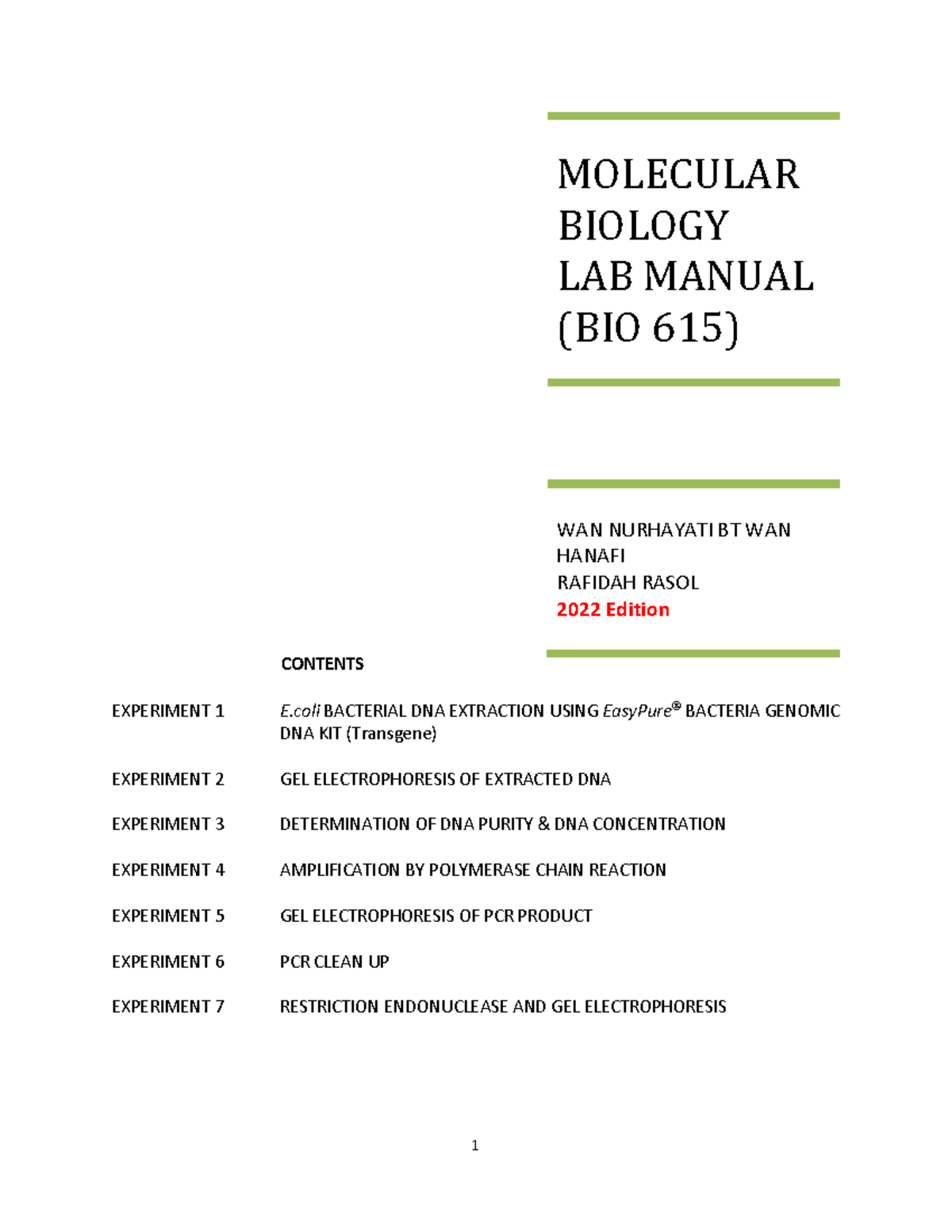 LAB Manual BIO615: Molecular Biology Experiments and Protocols - Studocu