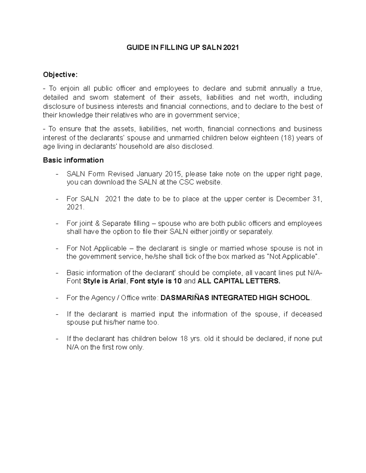 Guide to Completing the SALN for Teachers - 2021 - Studocu