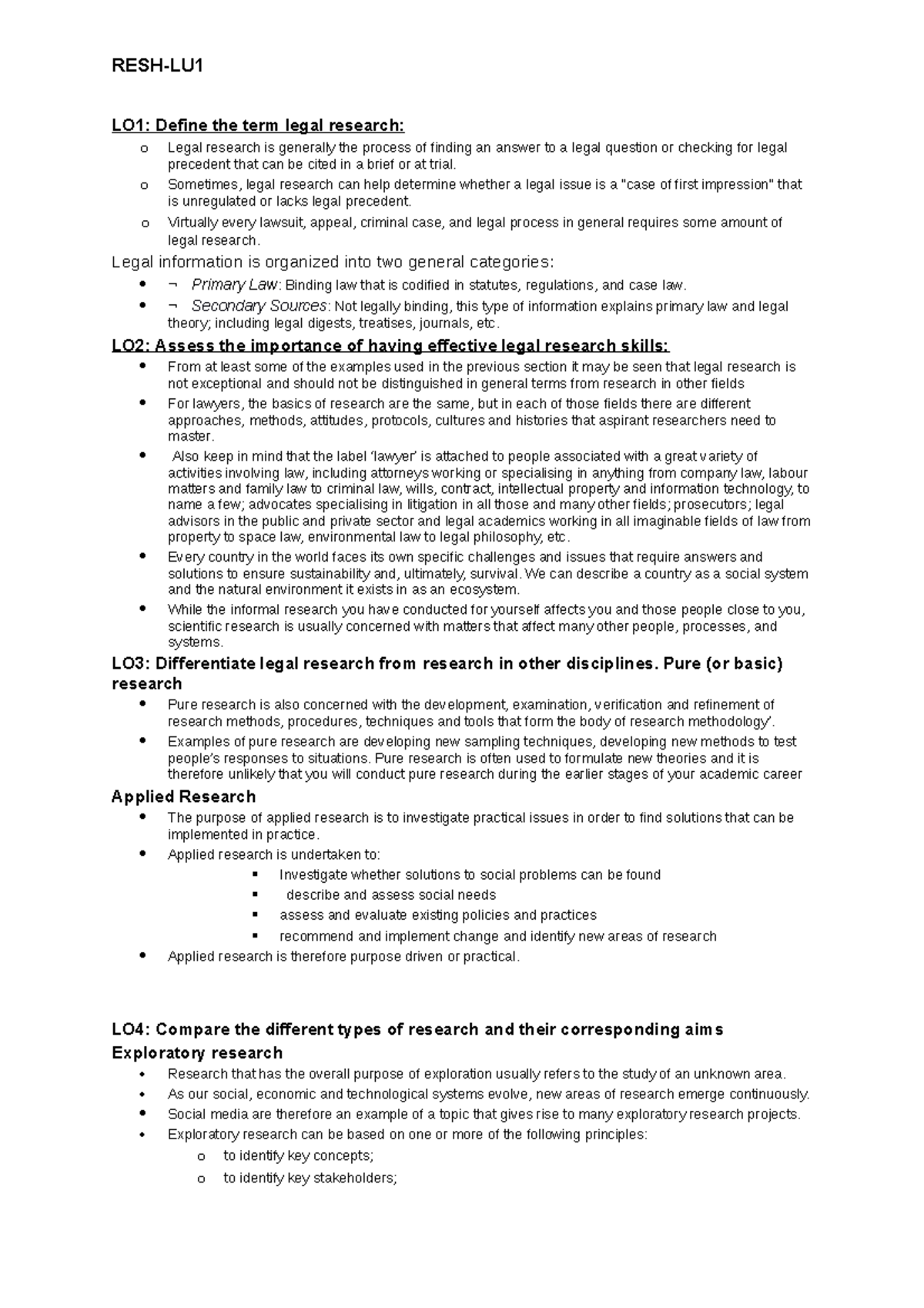 RESH LU1 - LU1 Summary - LO1: Define the term legal research: o Legal ...
